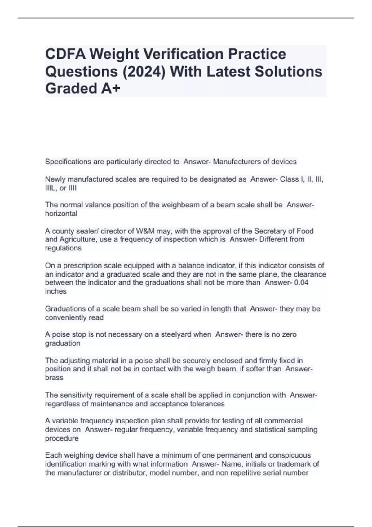 CDFA Weight Verification Practice Questions (2024) With Latest ...