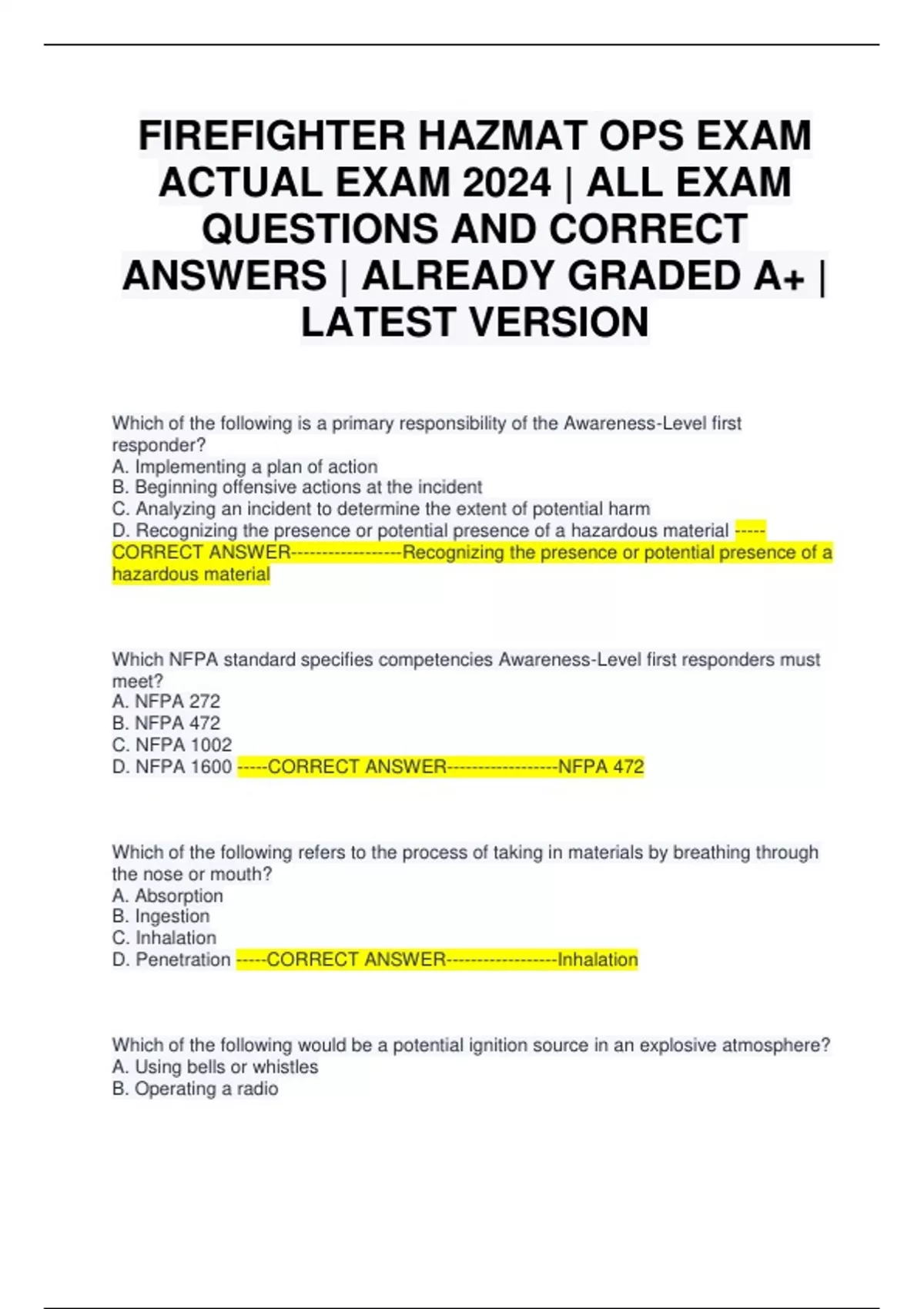 FIREFIGHTER HAZMAT OPS EXAM ACTUAL EXAM 2024 | ALL EXAM QUESTIONS AND ...