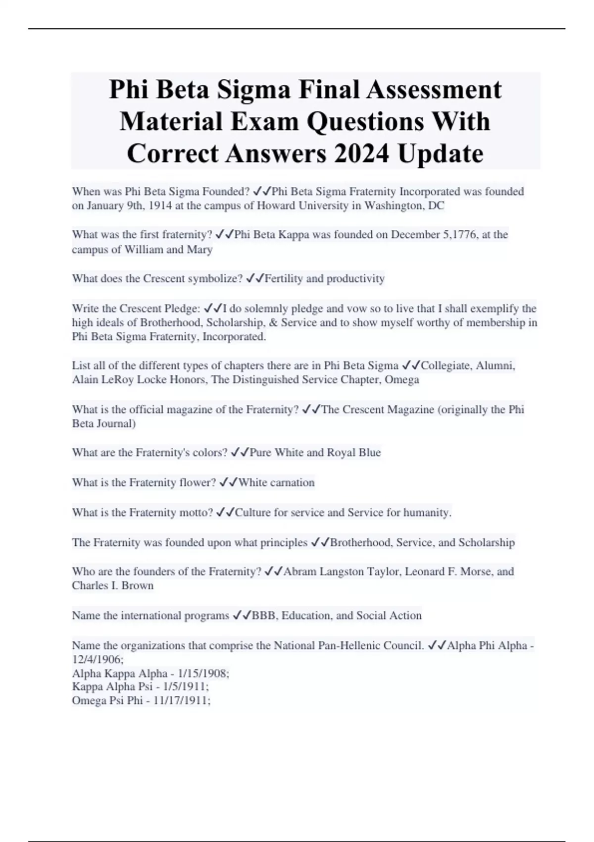 Phi Beta Sigma Final Assessment Material Exam Questions With Correct Answers 2024 Update - Phi ...