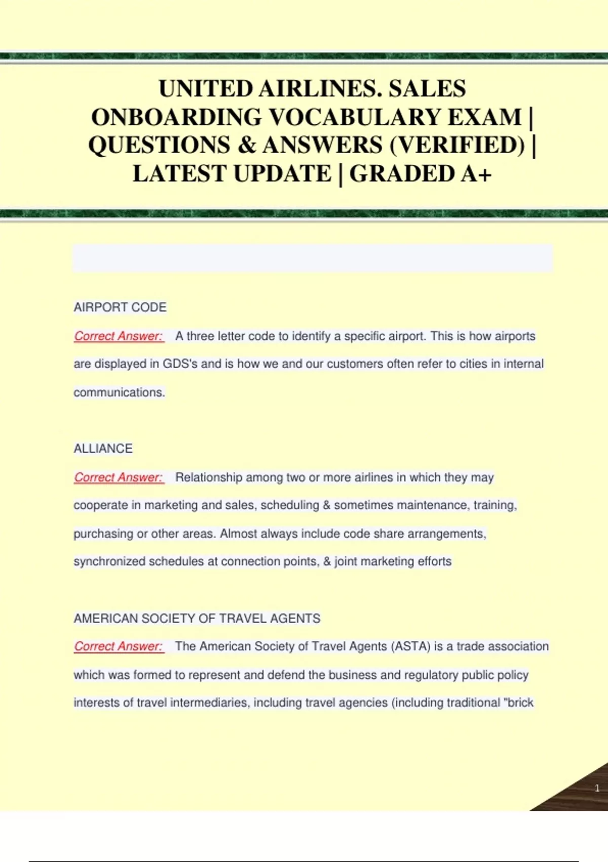 UNITED AIRLINES. SALES ONBOARDING VOCABULARY EXAM | QUESTIONS & ANSWERS ...