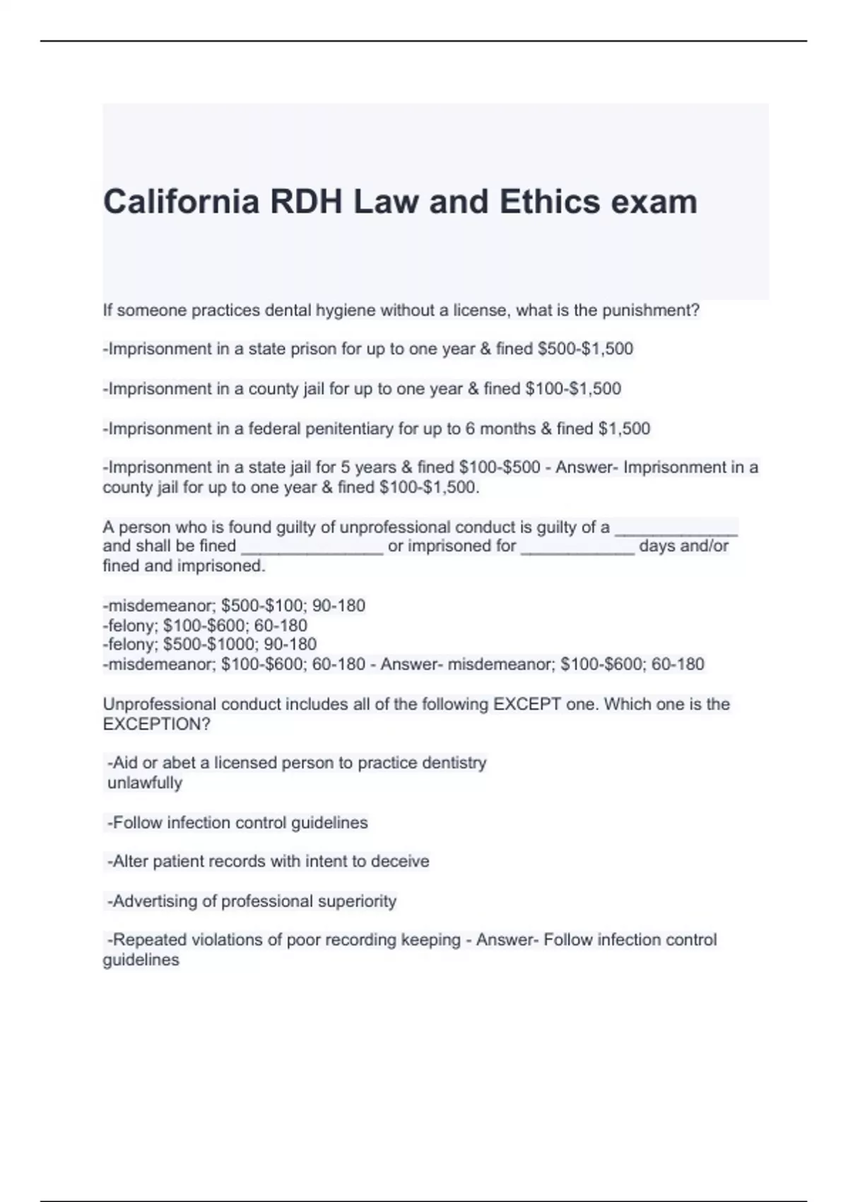 California RDH Law and Ethics exam 2024 - RDHAP Law and Ethics - Stuvia US