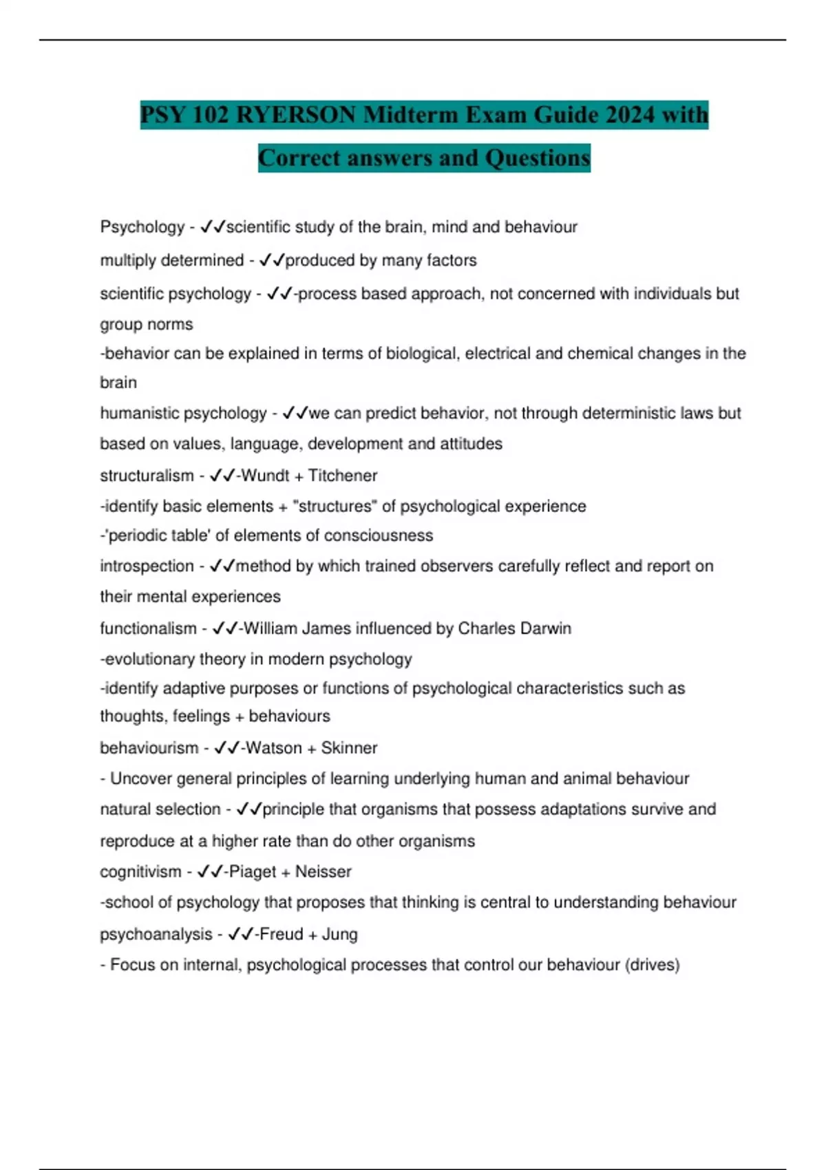 PSY 102 RYERSON Midterm Exam Guide 2024 with Correct Answers and ...