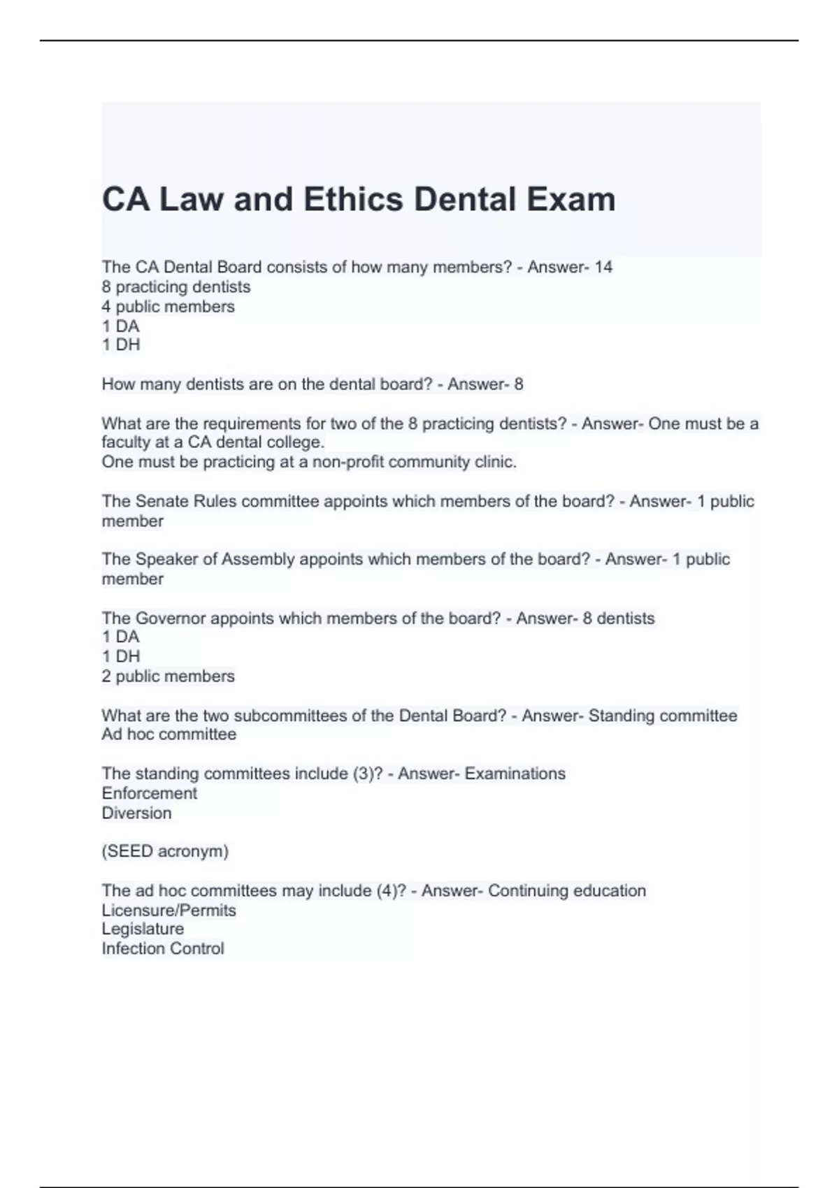CA Law and Ethics Dental Exam with complete solutions - RDHAP Law and ...