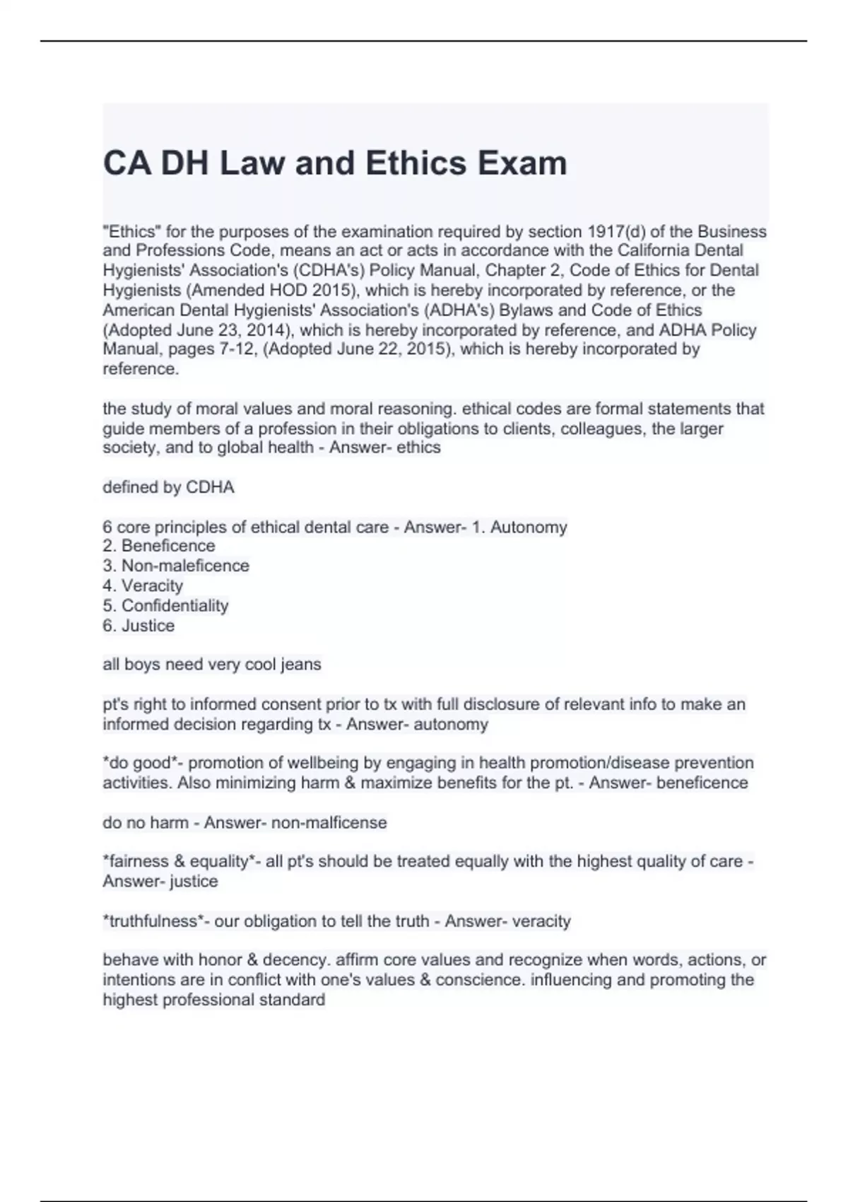 CA DH Law and Ethics Exam Questions and Answers 2024 - RDHAP Law and ...