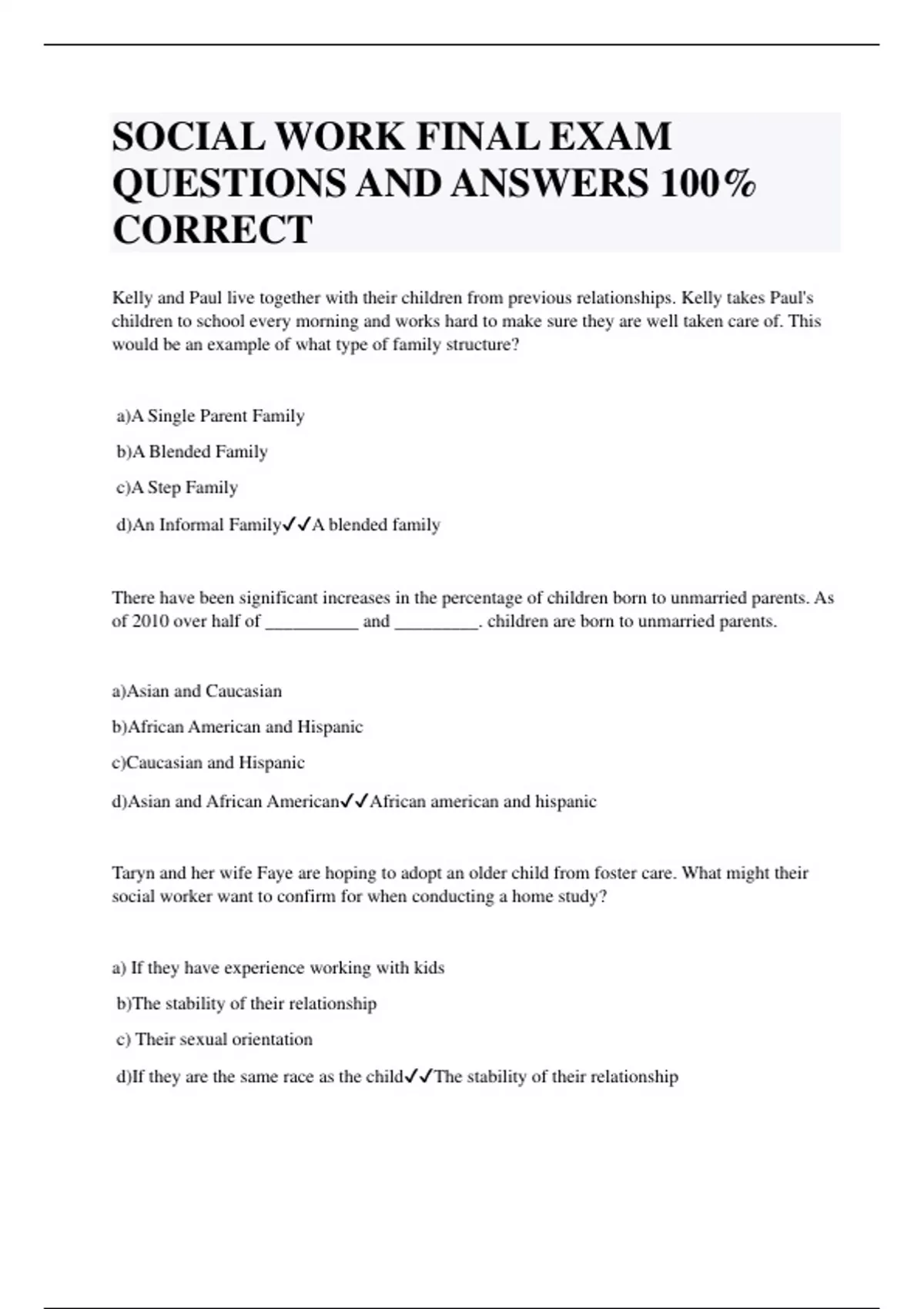 SOCIAL WORK FINAL EXAM QUESTIONS AND ANSWERS 100% CORRECT - Social Work ...