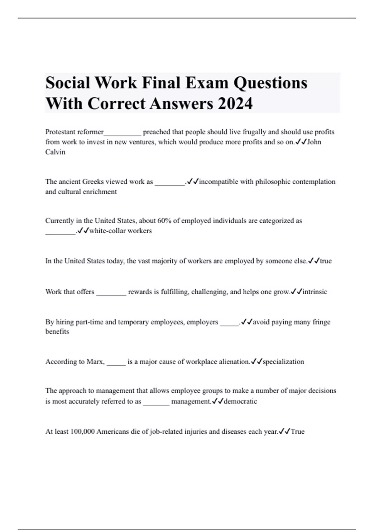 Social Work Final Exam Questions With Correct Answers 2024 - Social ...