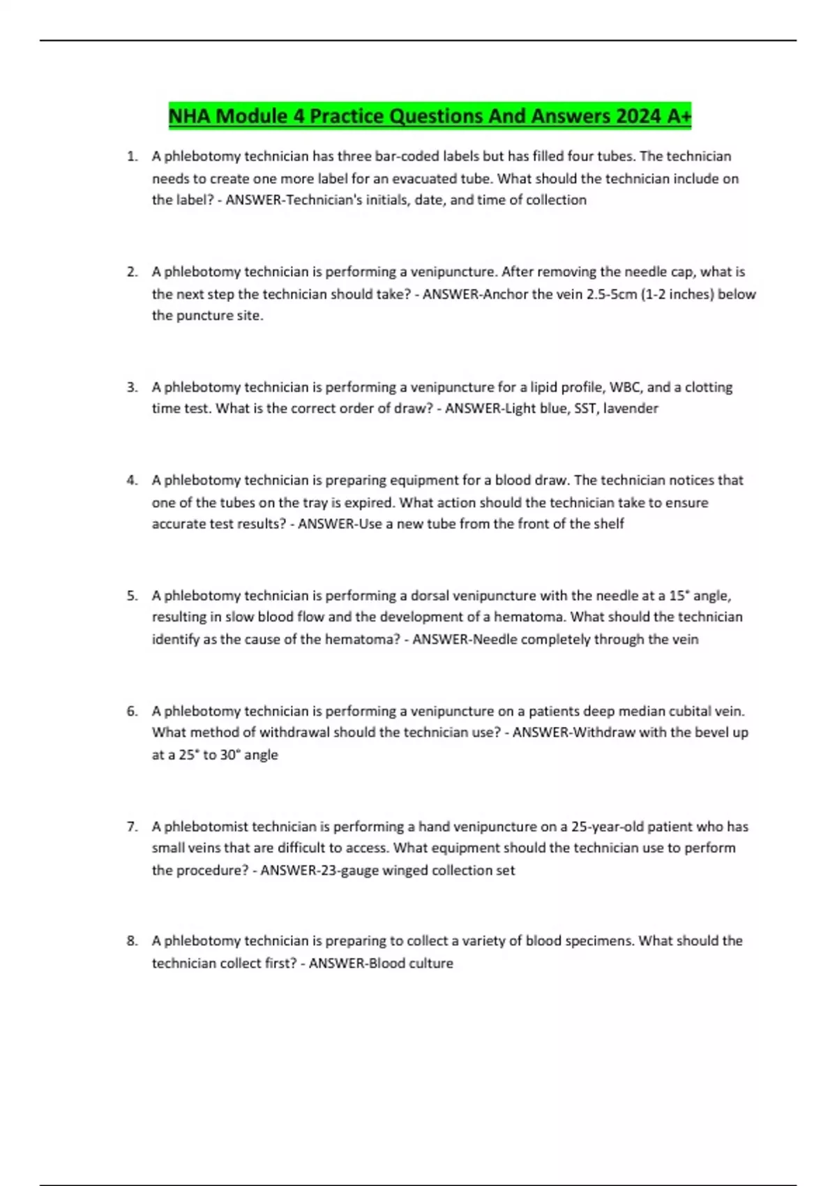 NHA Module 4 Practice Questions And Answers 2024 A+ - Nha phlebotomy ...