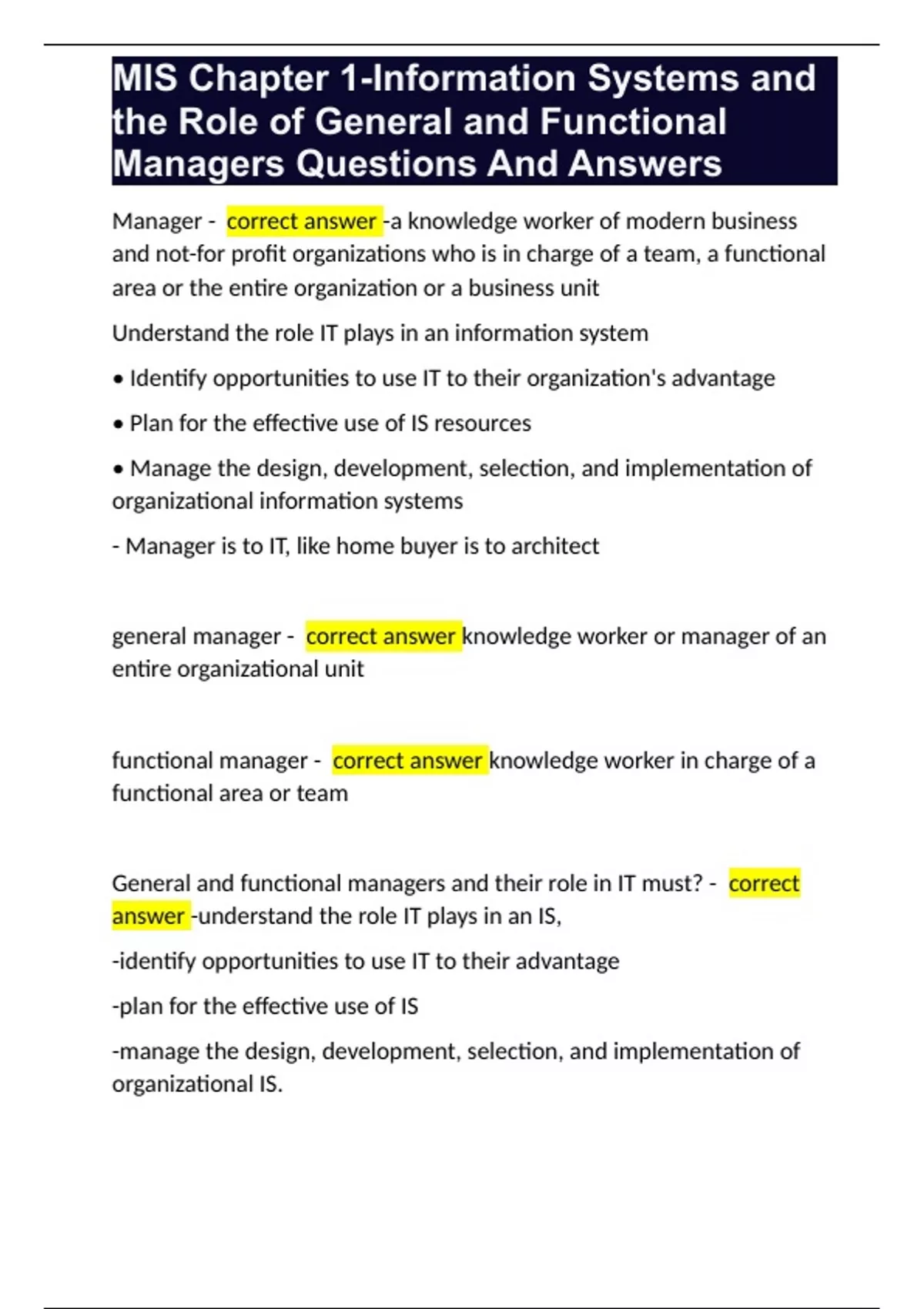 MIS Chapter 1-Information Systems and the Role of General and Functional Managers Questions And ...