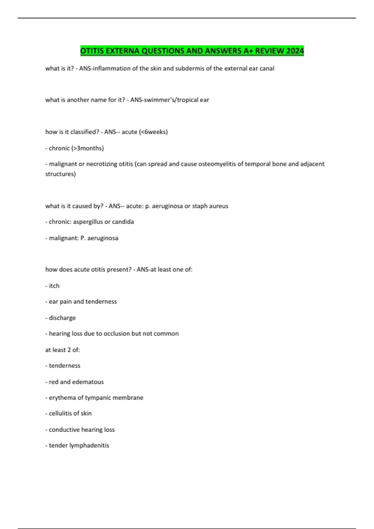 OTITIS EXTERNA QUESTIONS AND ANSWERS A+ REVIEW 2024 - OTITIS EXTERNA ...