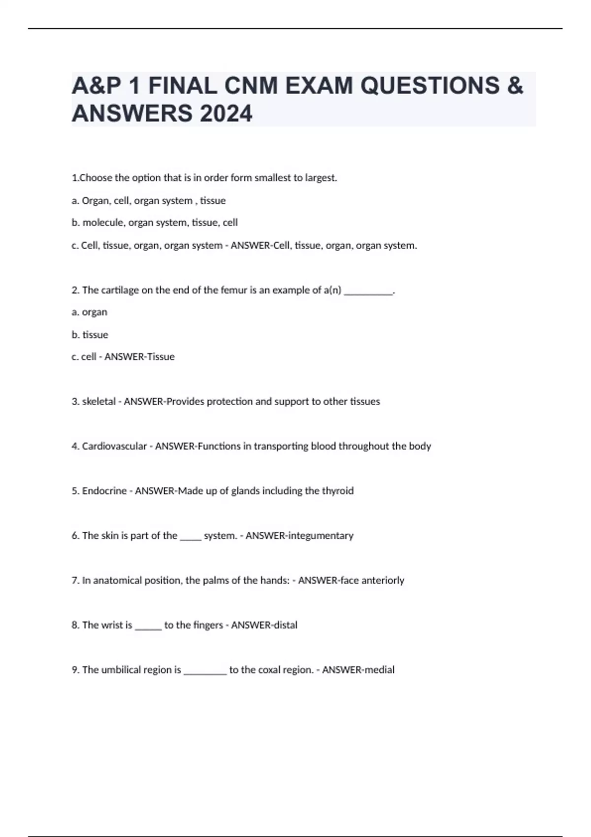 A&P 1 FINAL CNM EXAM QUESTIONS & ANSWERS 2024 - A&P 1 CNM - Stuvia US