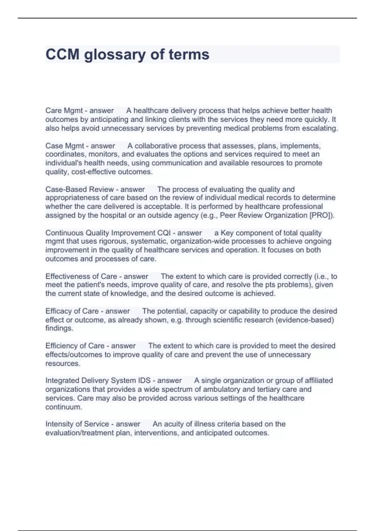 CCM glossary of terms Questions and Answers 2024 - CCCM - Stuvia US