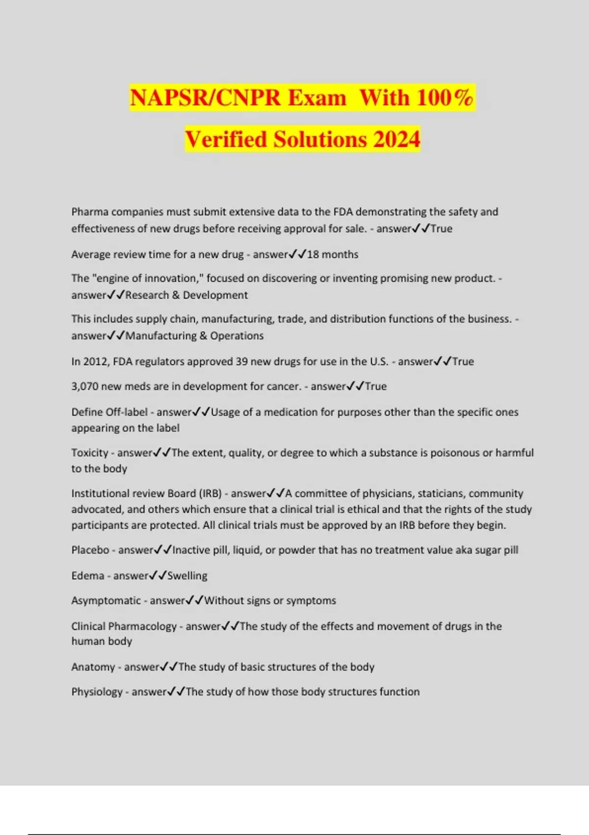 NAPSR/CNPR Exam With 100% Verified Solutions 2024 - NAPSR/CNPR - Stuvia US