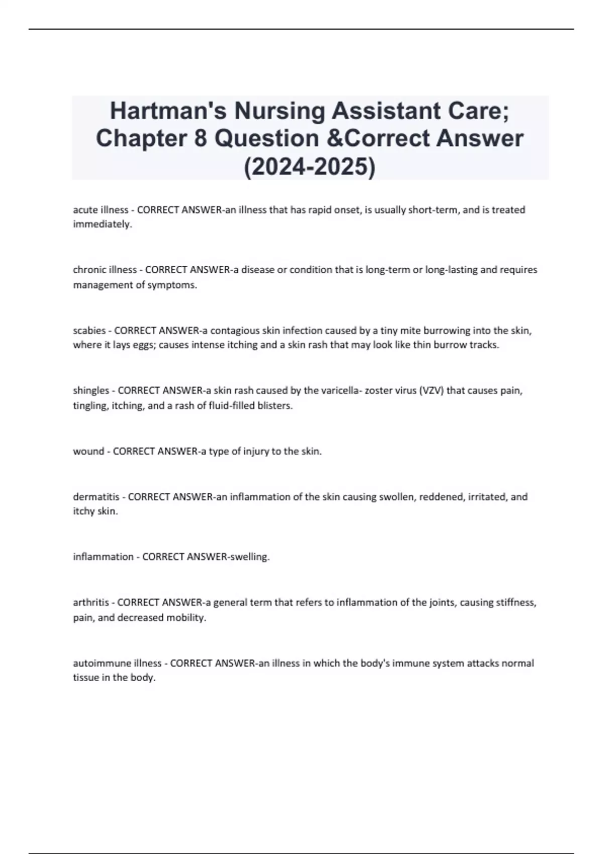 Hartman's Nursing Assistant Care; Chapter 8 Question &Correct Answer ...