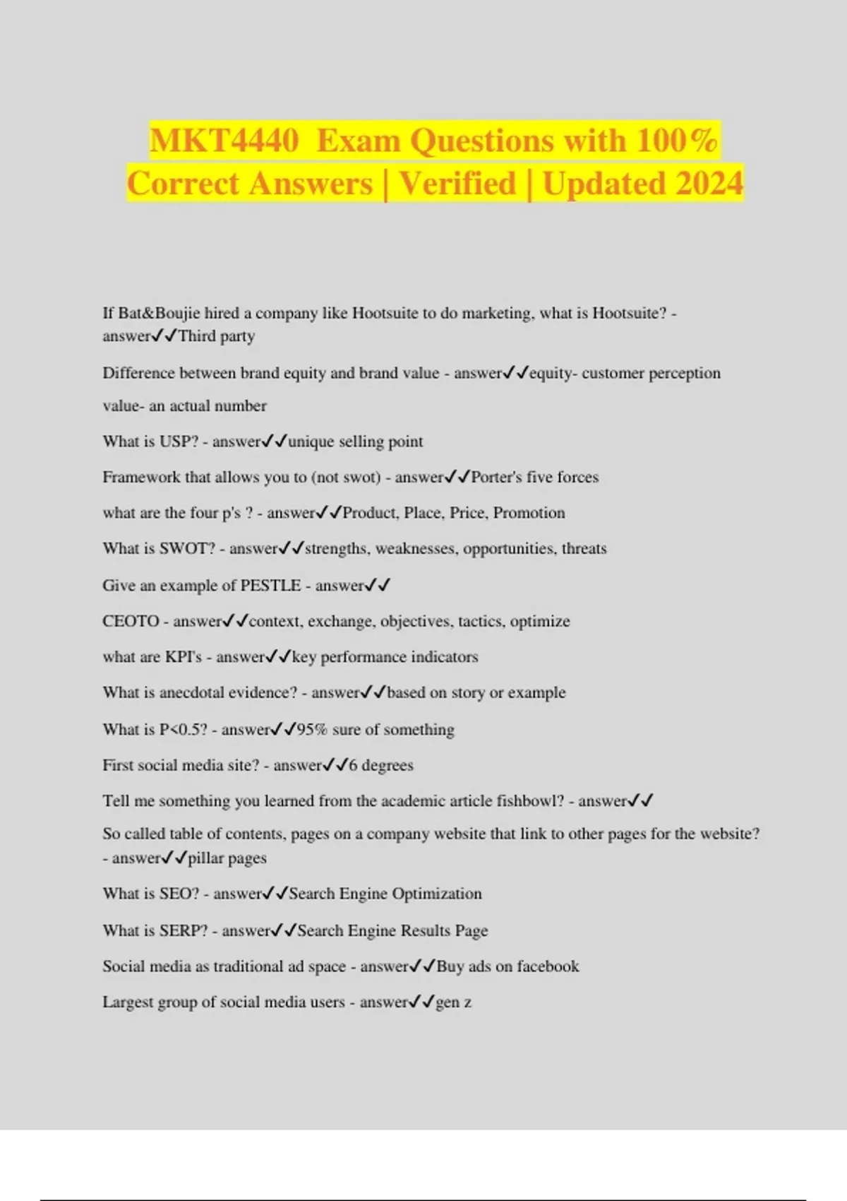 MKT4440 Exam Questions with 100% Correct Answers | Verified | Updated 2024 - MKT 4440 - Stuvia US