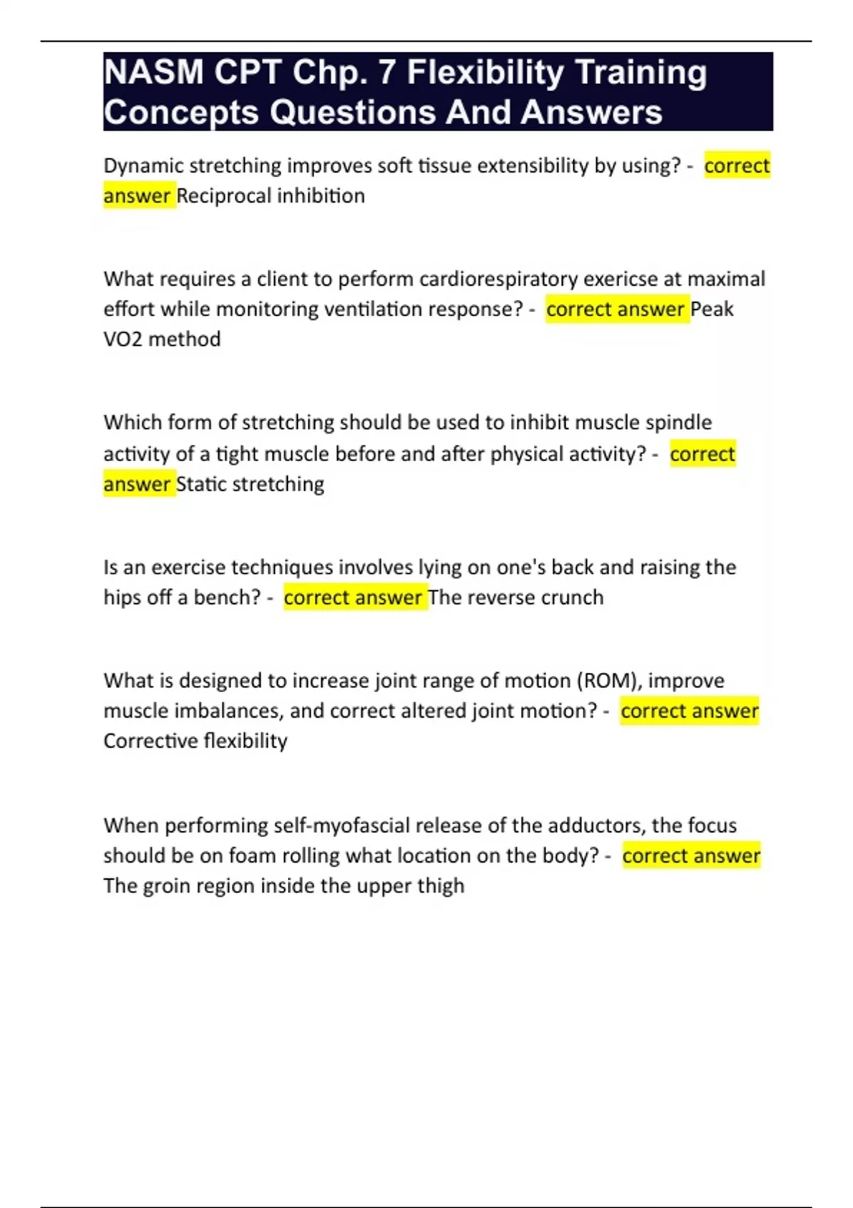 NASM CPT Chp. 7 Flexibility Training Concepts Questions And Answers - NASM . - Stuvia US