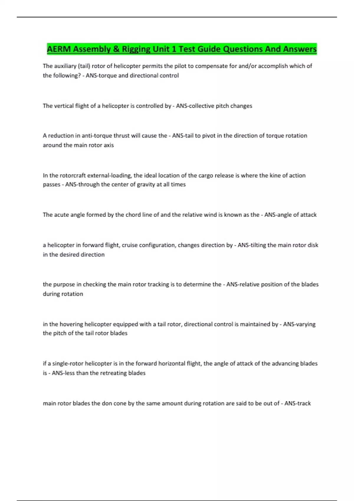 AERM Assembly & Rigging Unit 1 Test Guide Questions And Answers - AERM ...