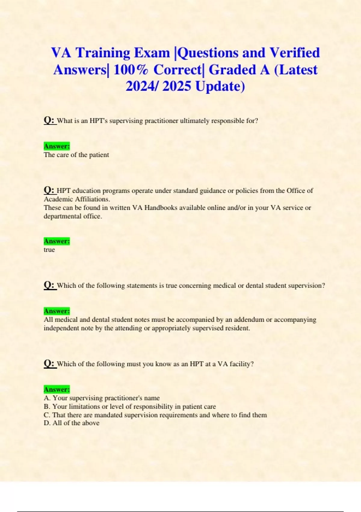 VA Training Exam |Questions and Verified Answers| 100% Correct| Graded ...