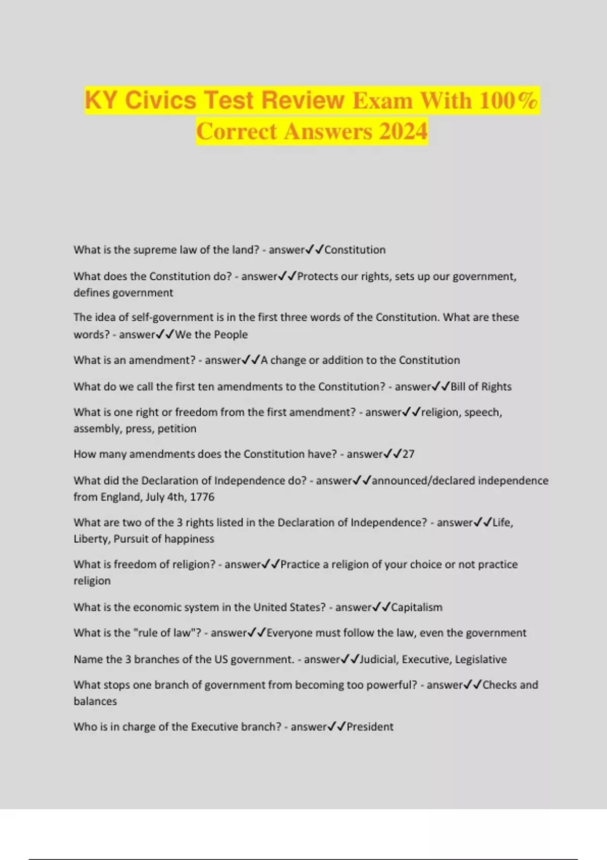 KY Civics Test Review Exam With 100% Correct Answers 2024 - KY Civics ...