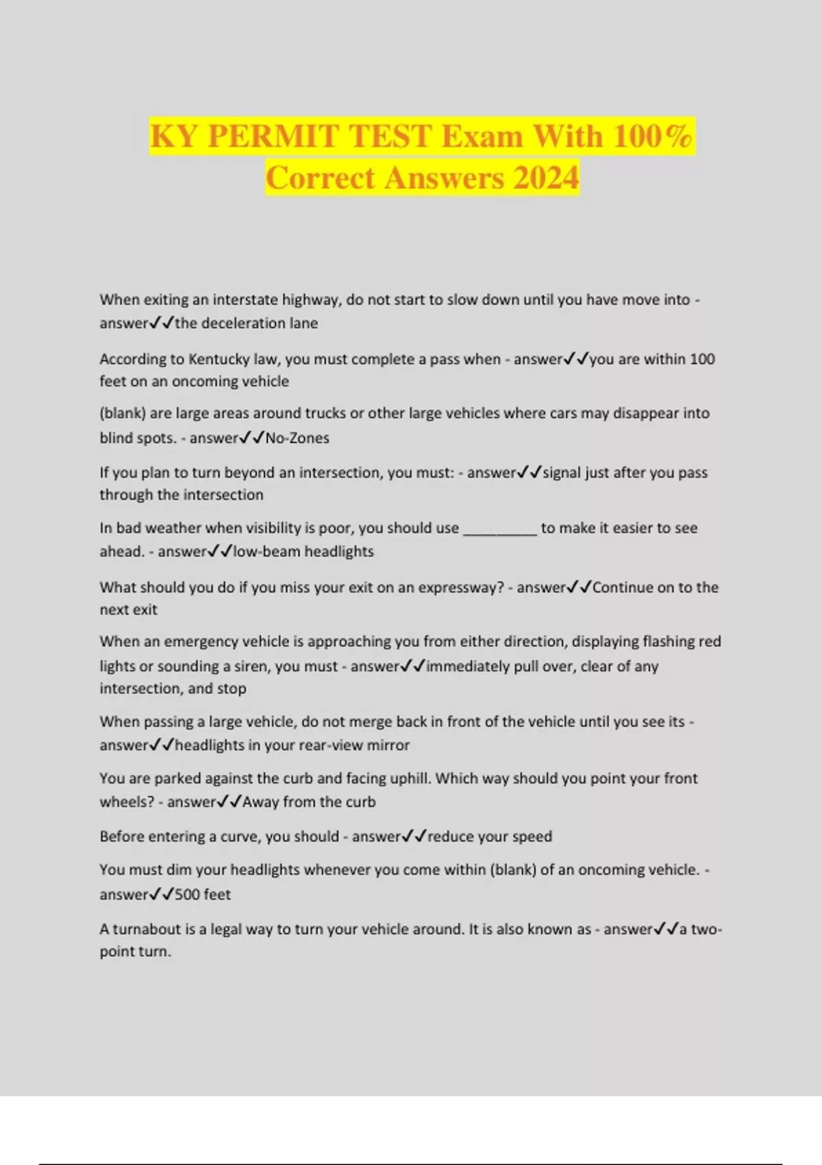 KY PERMIT TEST Exam With 100% Correct Answers 2024 - KY Permit - Stuvia US