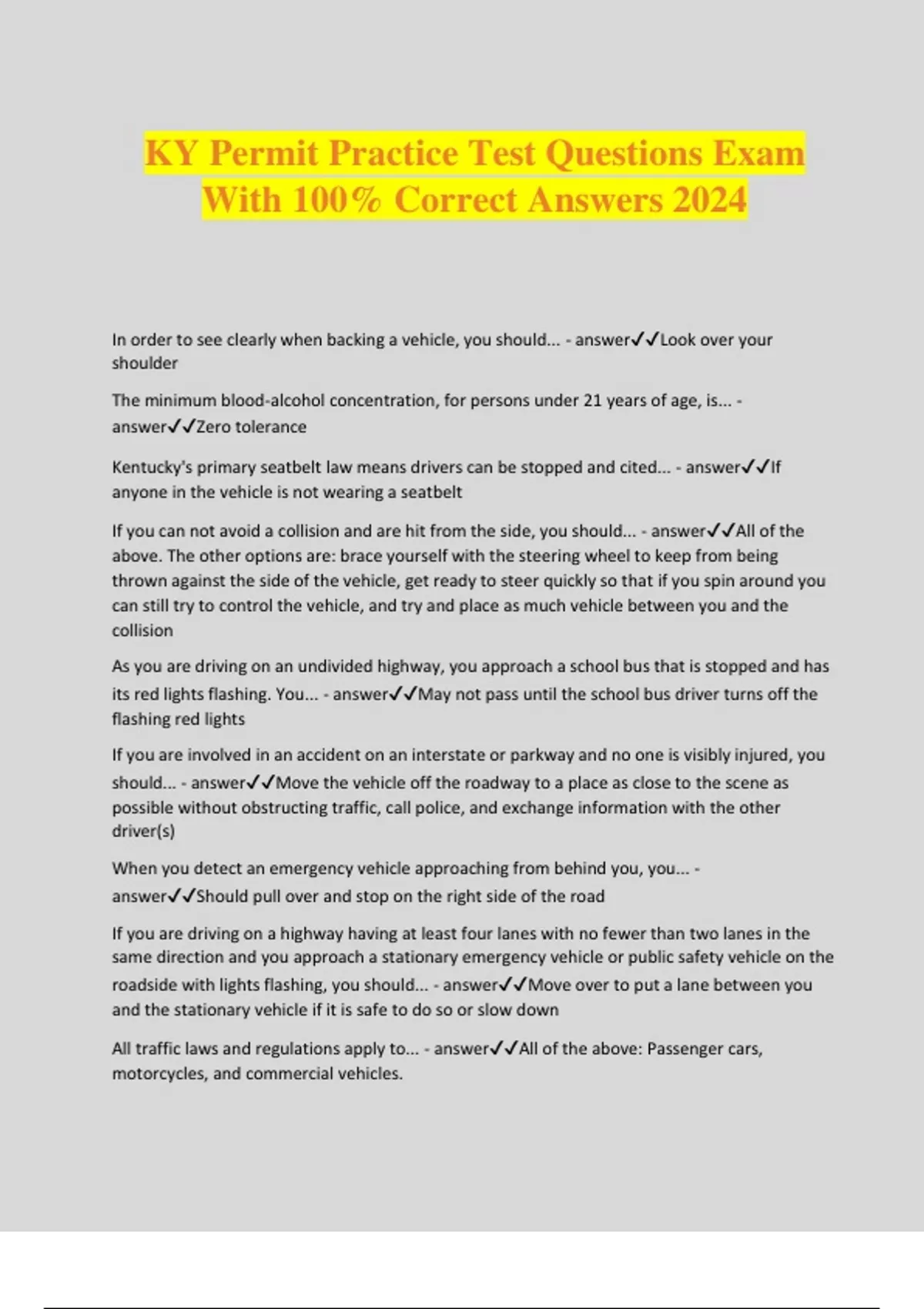 KY Permit Practice Test Questions Exam With 100% Correct Answers 2024 ...