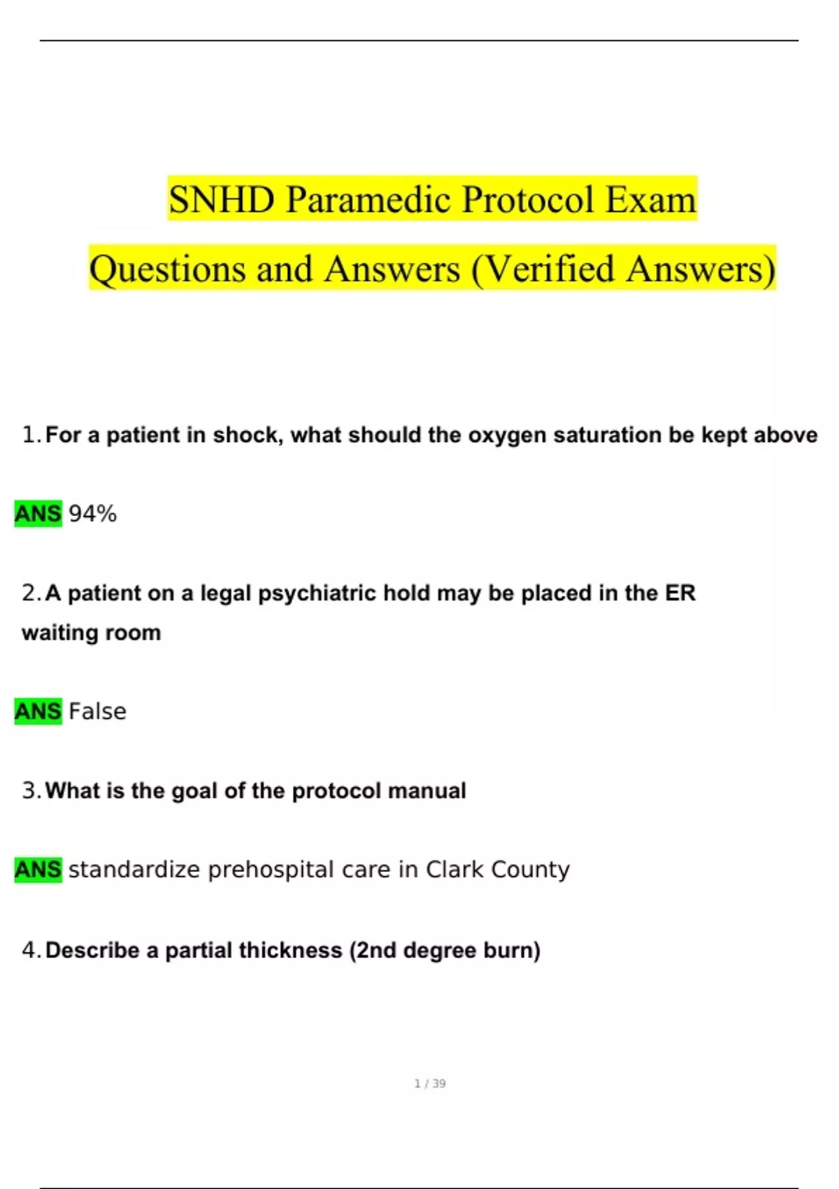 SNHD Paramedic Protocol Exam Questions and Answers (2024 / 2025 ...