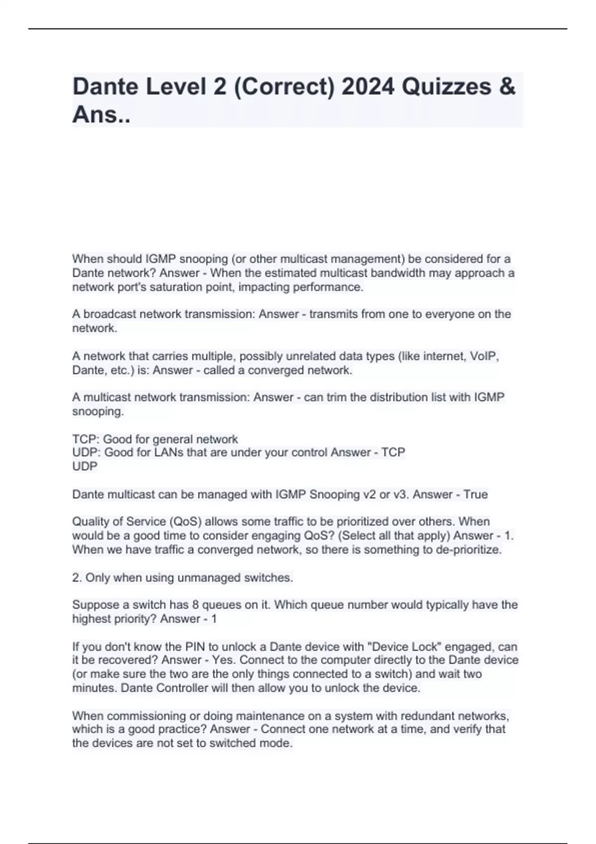 Dante Level 2 (Correct) 2024 Quizzes & Ans.. - Dante L2 - Stuvia US