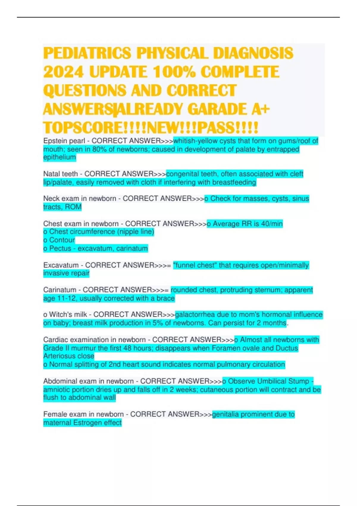 PEDIATRICS PHYSICAL DIAGNOSIS 2024 UPDATE 100% COMPLETE QUESTIONS AND ...