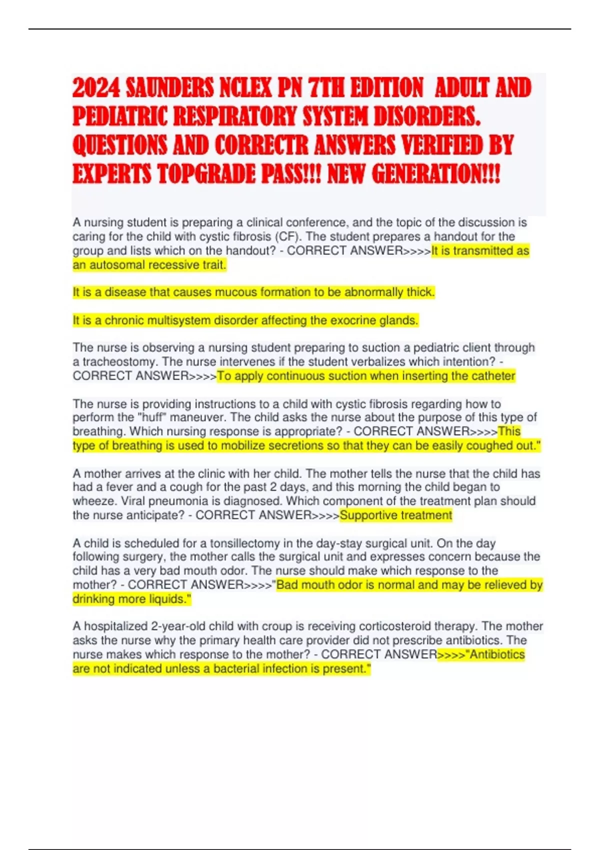 2024 SAUNDERS NCLEX PN 7TH EDITION ADULT AND PEDIATRIC RESPIRATORY ...