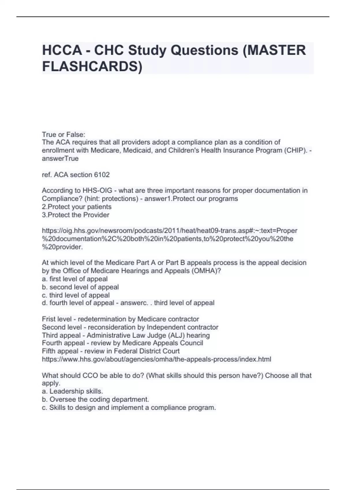 HCCA - CHC Study Questions (MASTER FLASHCARDS) Questions with correct ...