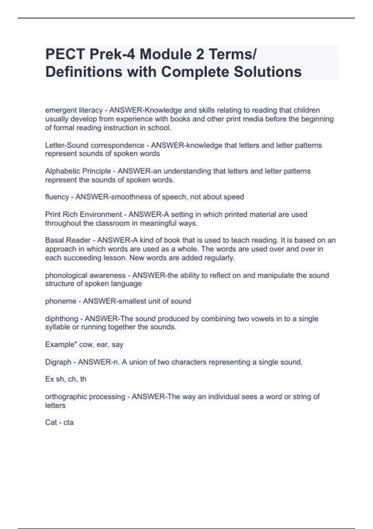 PECT Prek-4 Module 2 Terms/ Definitions with Complete Solutions - PECT Prek-4 Module 2 Terms ...