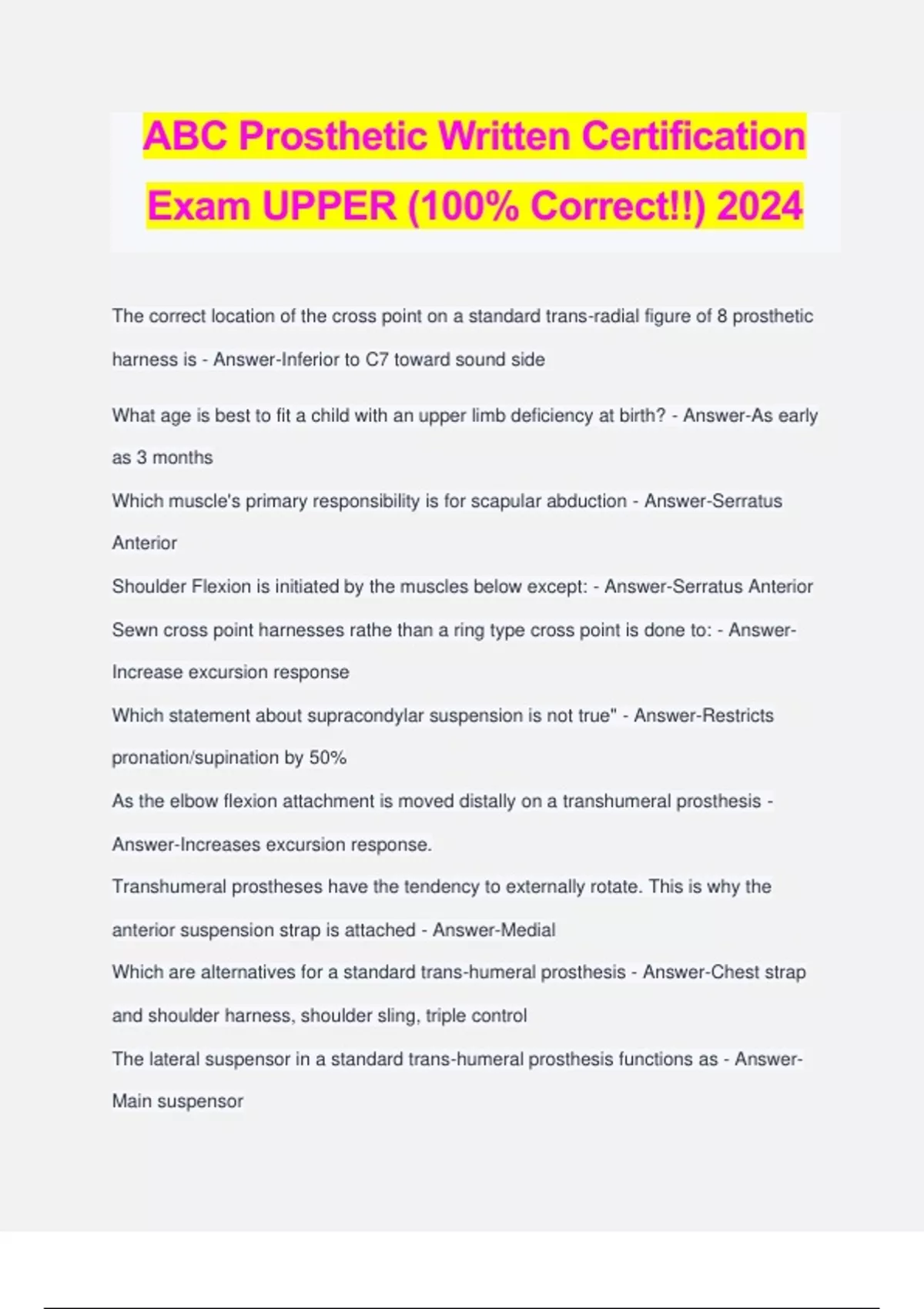 ABC Prosthetic Written Certification Exam UPPER (100% Correct!!) 2024 ...