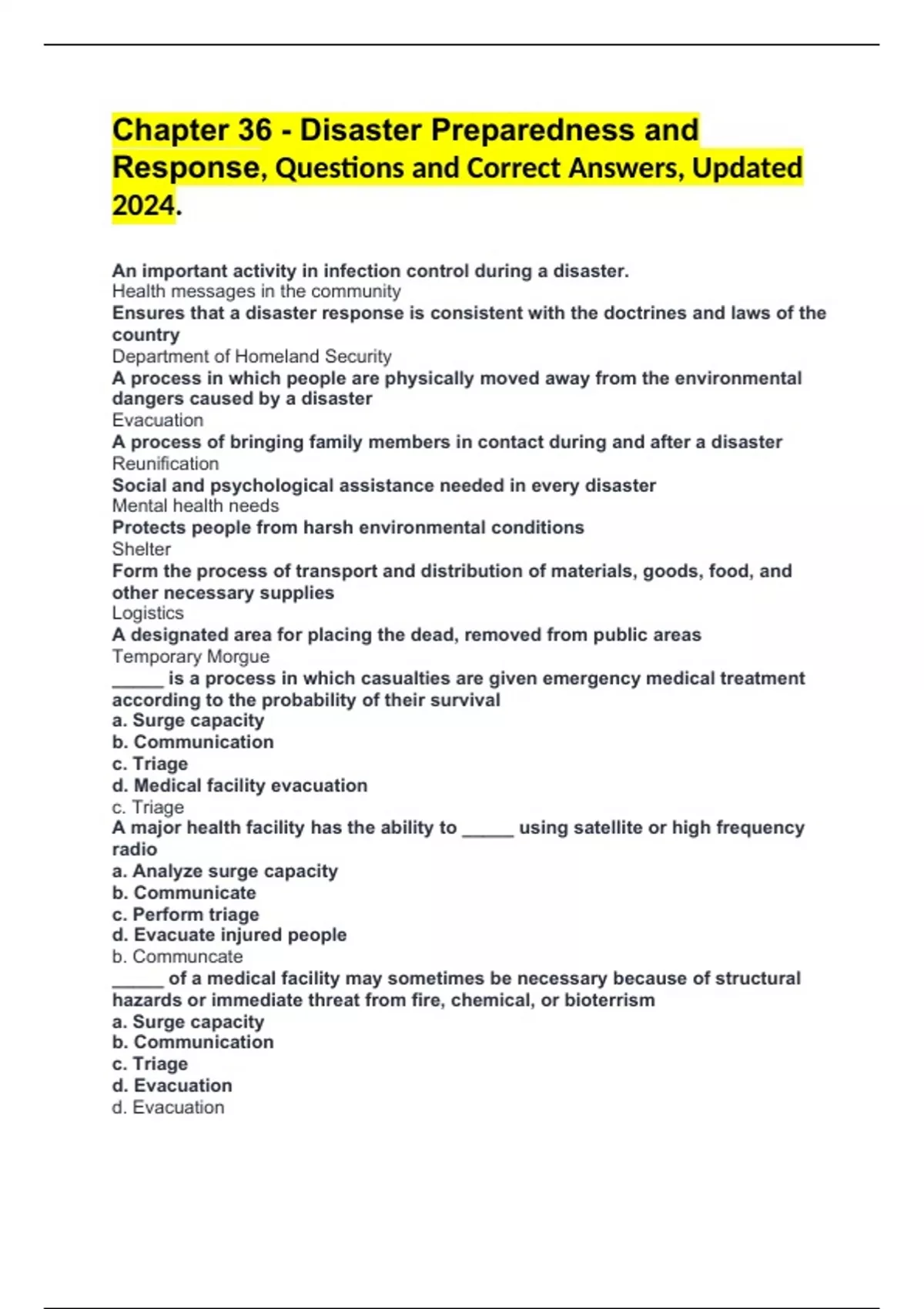 Chapter 36 - Disaster Preparedness and Response, Questions and Correct ...
