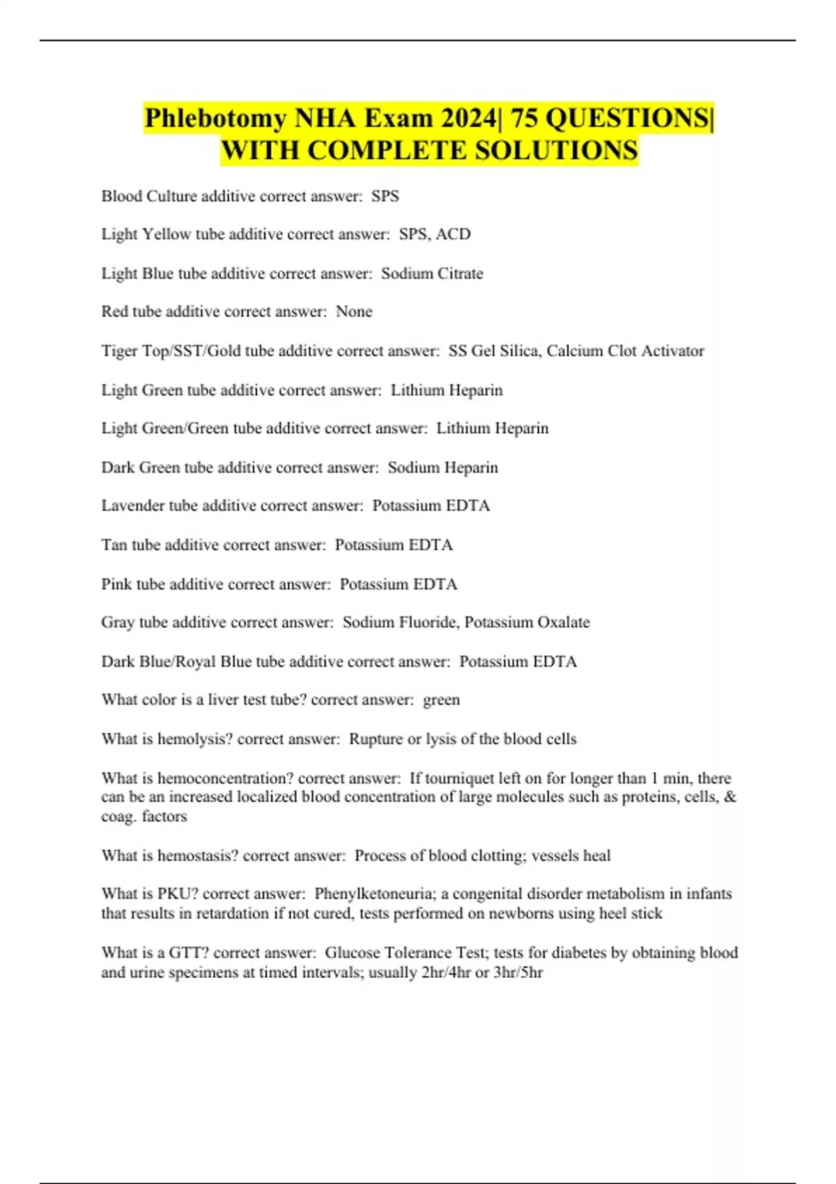 Phlebotomy NHA Exam 2024| 75 QUESTIONS| WITH COMPLETE SOLUTIONS - NHA ...