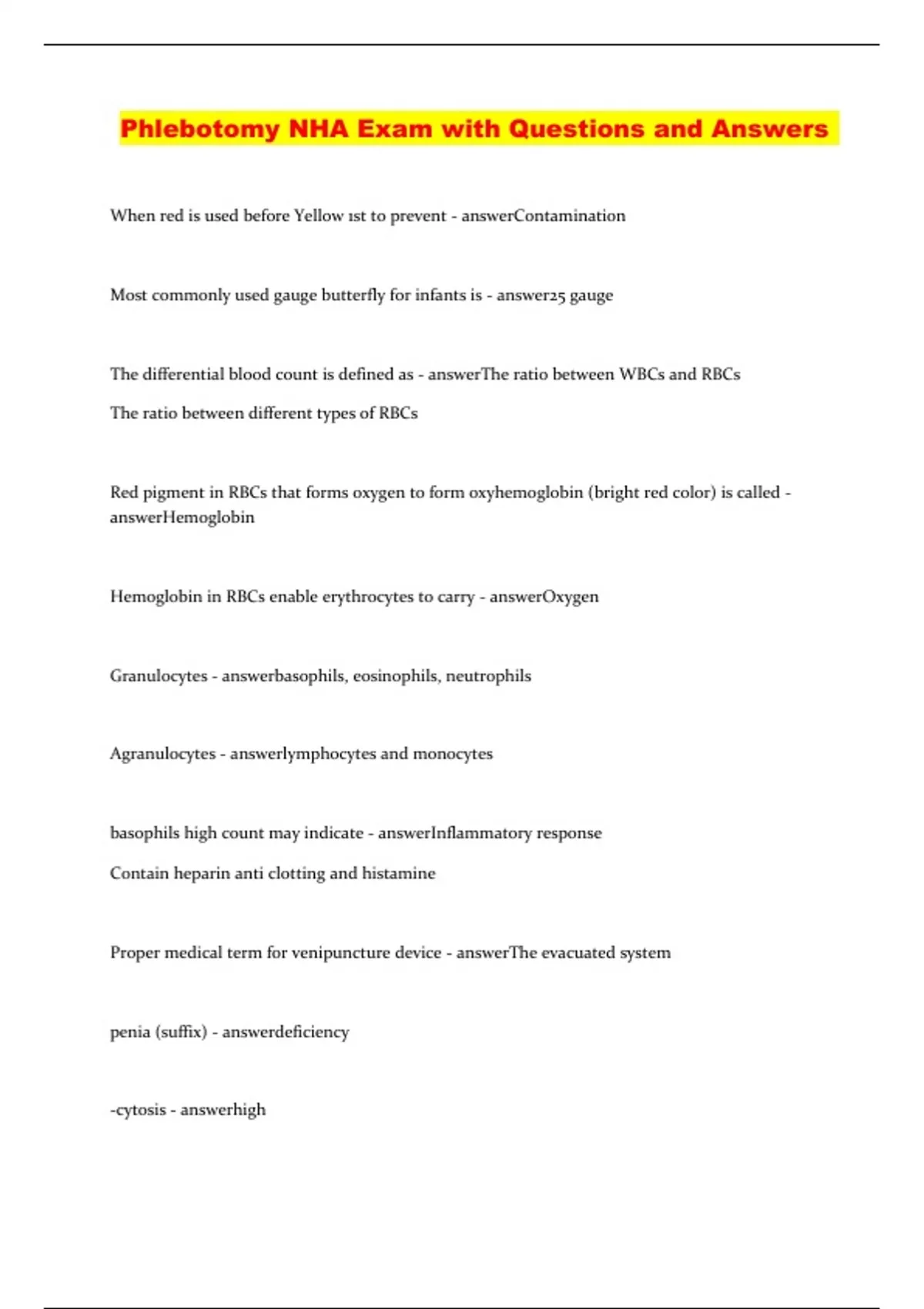 Phlebotomy NHA Exam with Questions and Answers 2024 UPDATE - NHA ...