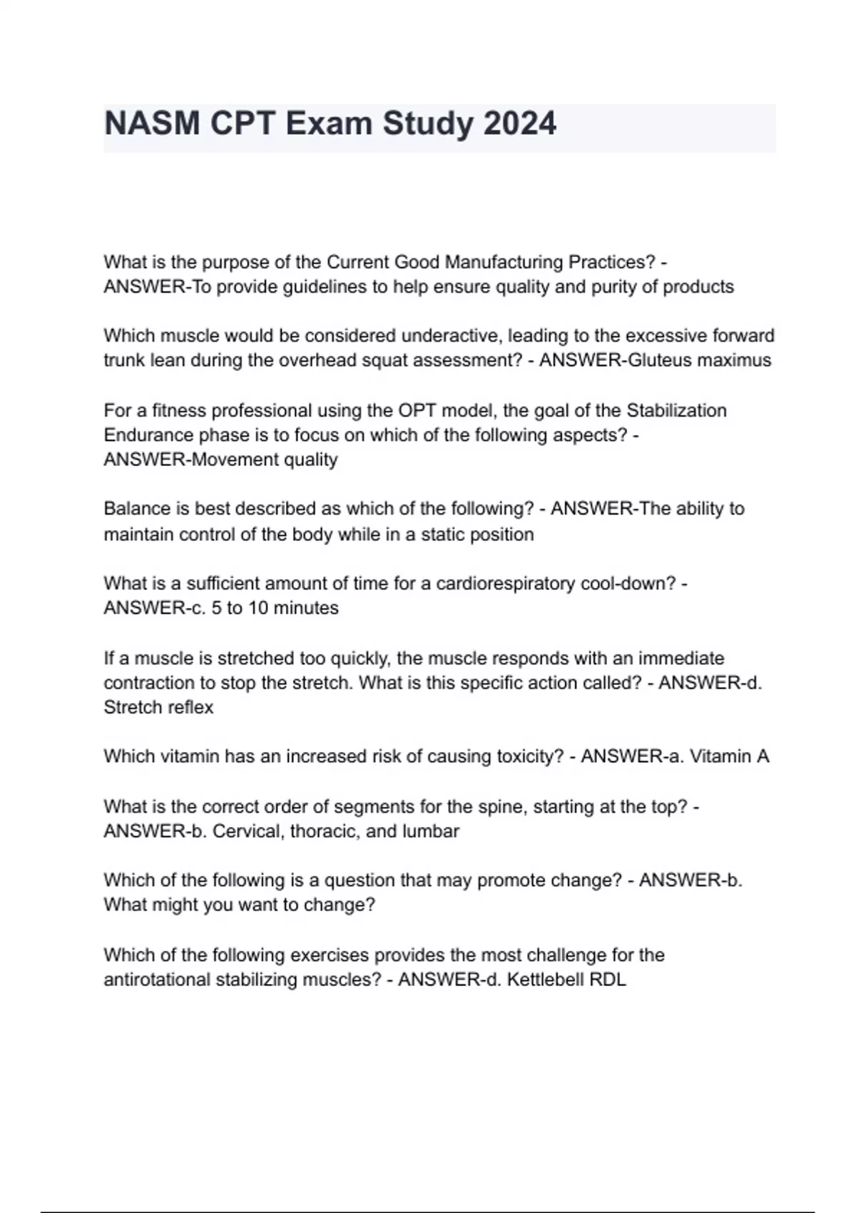 NASM CPT Exam Study 2024 questions with complete solution - NASM CPT Exm Study 2024 - Stuvia US