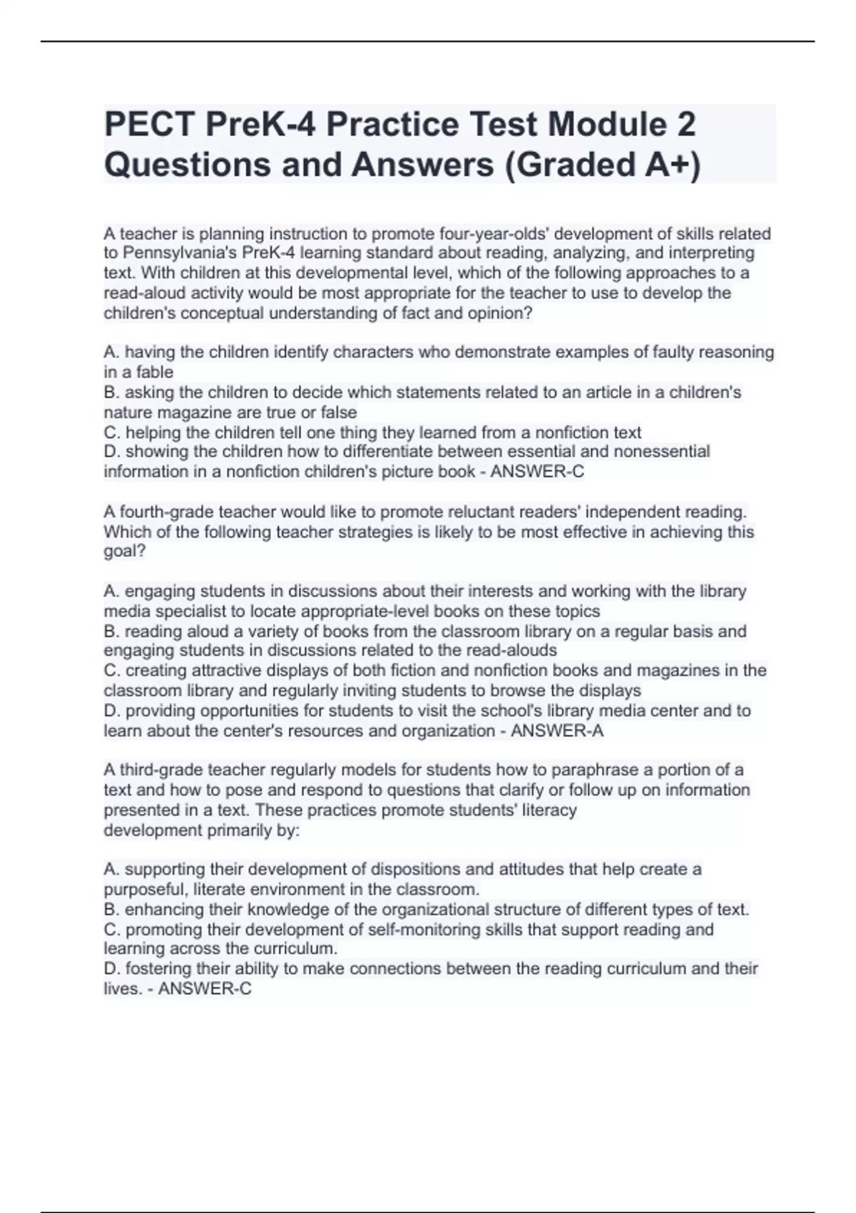 PECT PreK-4 Practice Test Module 2 Questions and Answers (Graded A+ ...