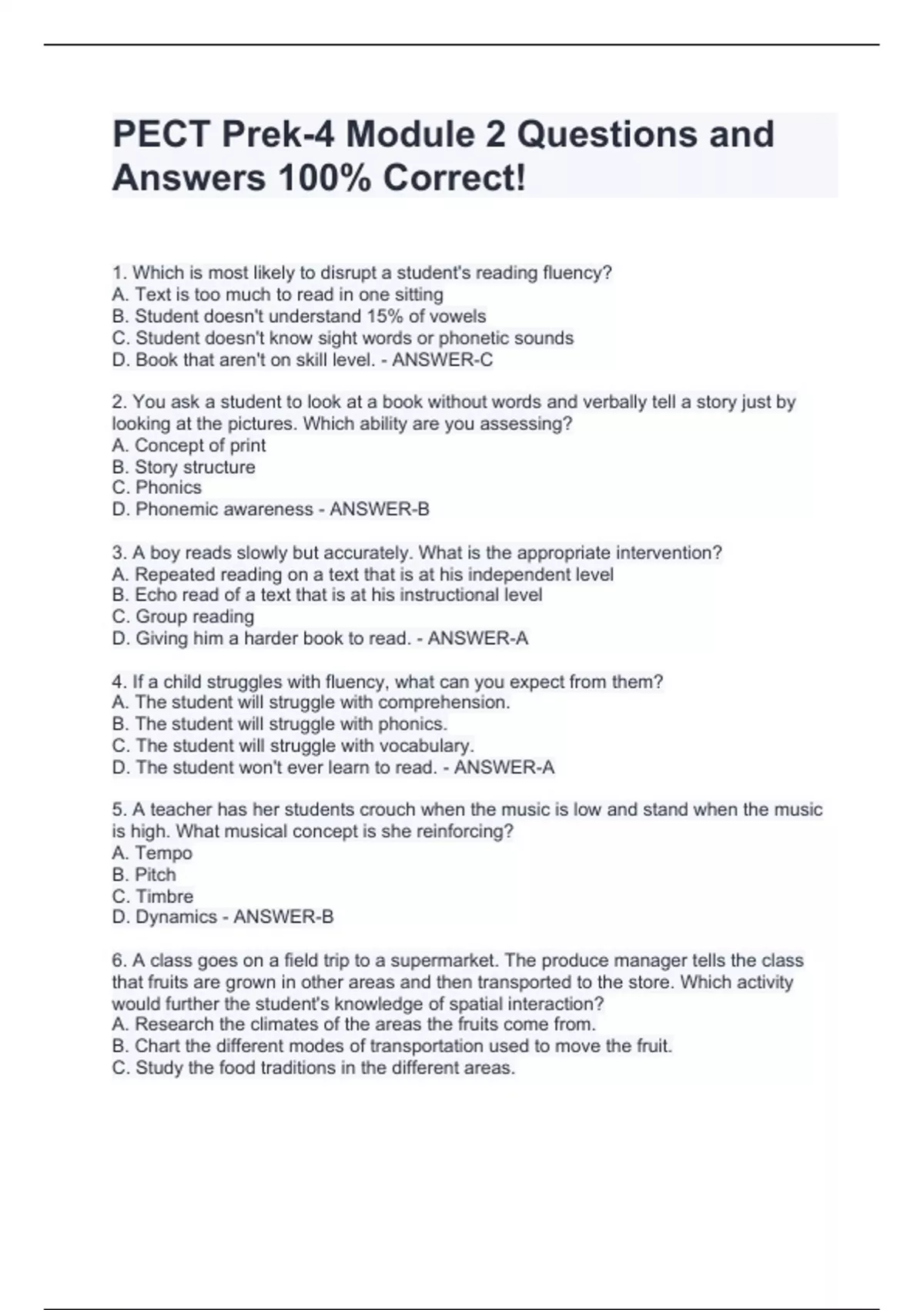 PECT Prek-4 Module 2 Questions and Answers 100% Correct! - PECT Prek-4 ...