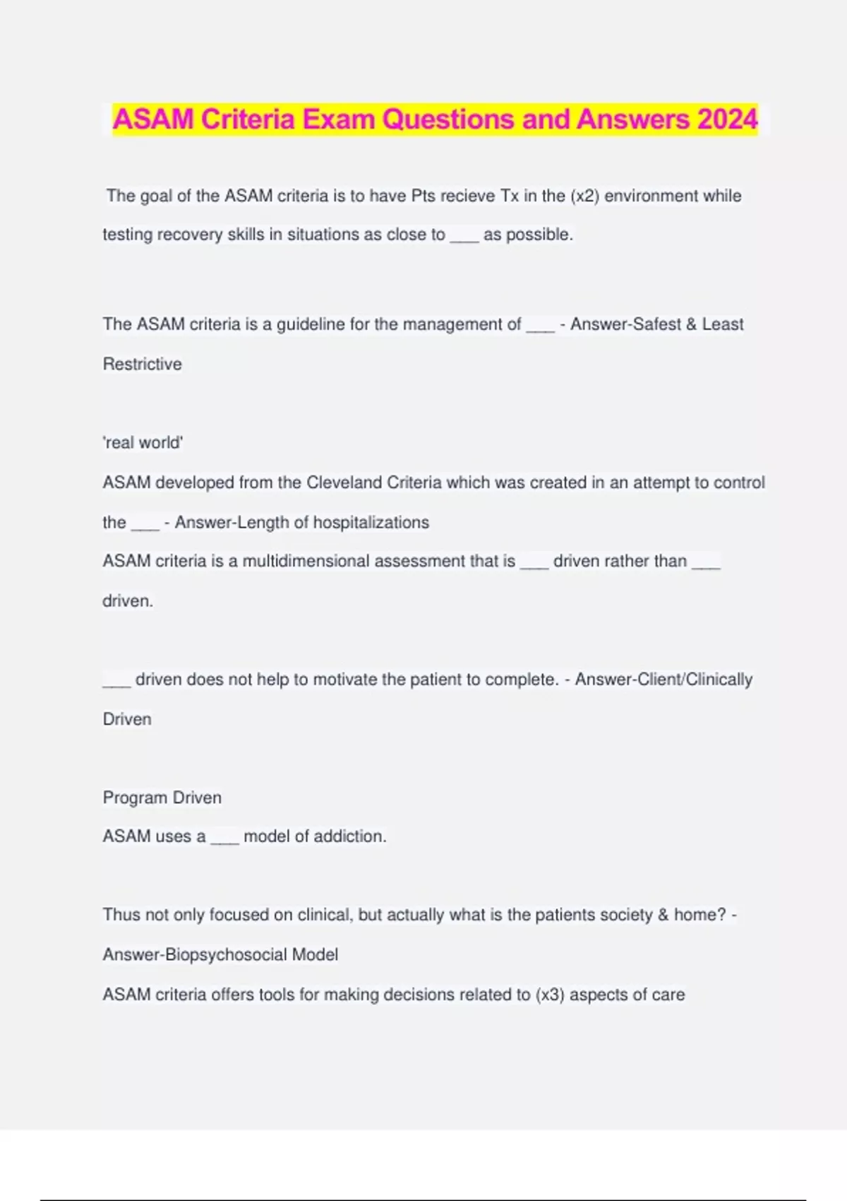 ASAM Criteria Exam Questions and Answers 2024 - ASAM - Stuvia US