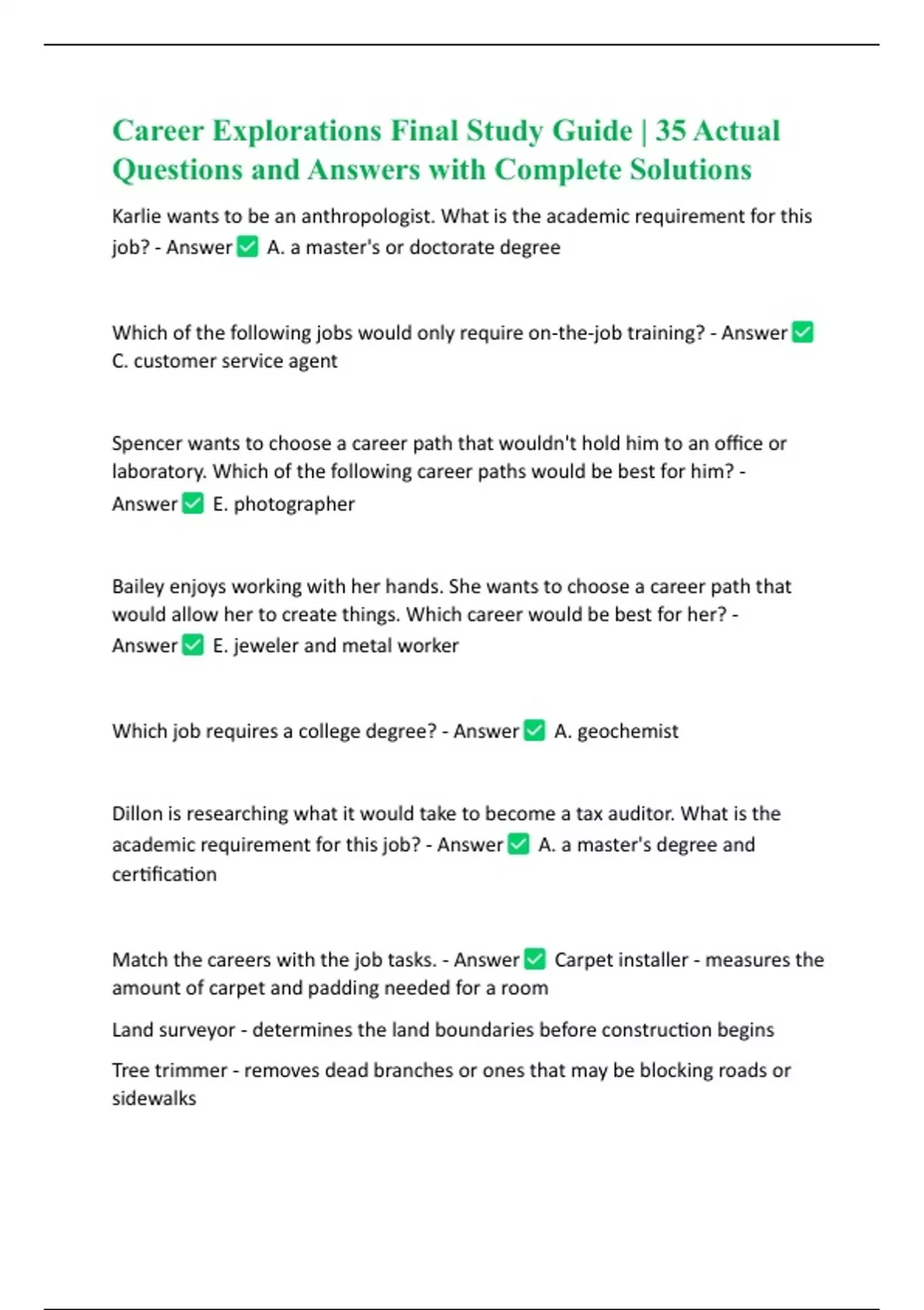 Career Explorations Final Study Guide | 35 Actual Questions and Answers ...