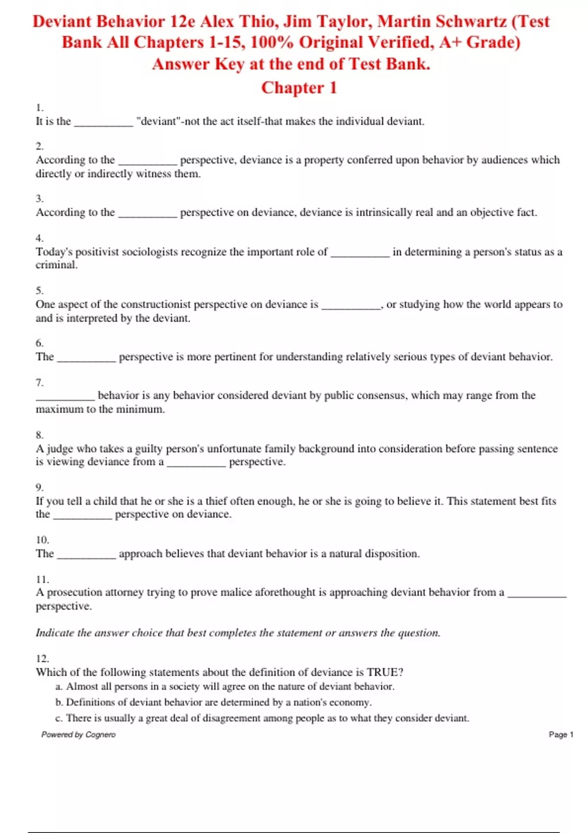 Test Bank For Deviant Behavior 12th Edition By Alex Thio, Jim Taylor ...