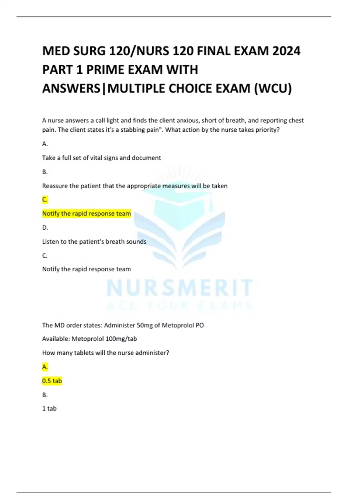 MED SURG 120/NURS 120 FINAL EXAM 2024 PART 1 PRIME EXAM WITH ANSWERS|MULTIPLE CHOICE EXAM (WCU ...
