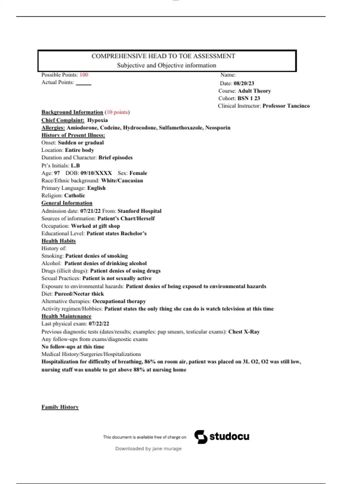 COMPREHENSIVE HEAD TO TOE ASSESSMENT Subjective and Objective ...