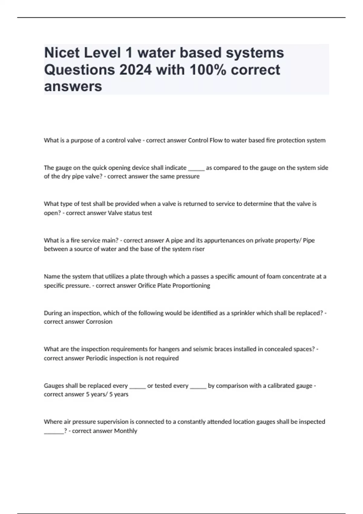 Nicet Level 1 water based systems Questions 2024 with 100% correct ...