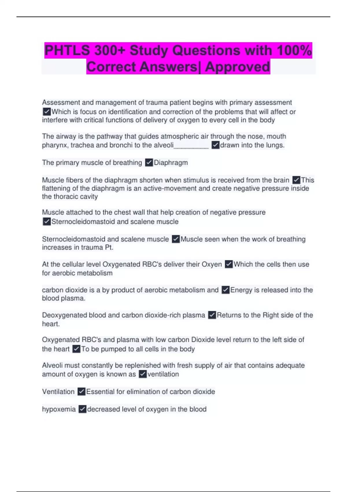 PHTLS 300+ Study Questions with 100% Correct Answers| Approved - PHTLS ...