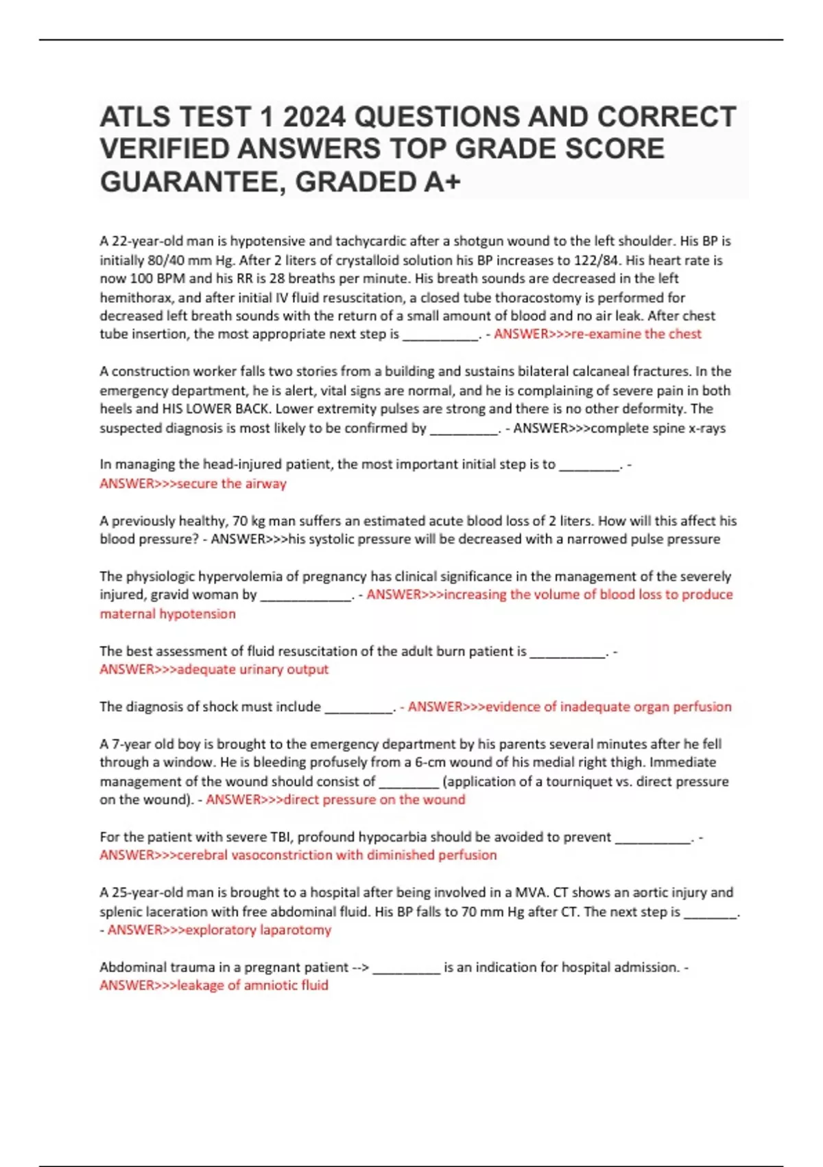 ATLS TEST 1 2024 QUESTIONS AND CORRECT VERIFIED ANSWERS TOP GRADE SCORE ...