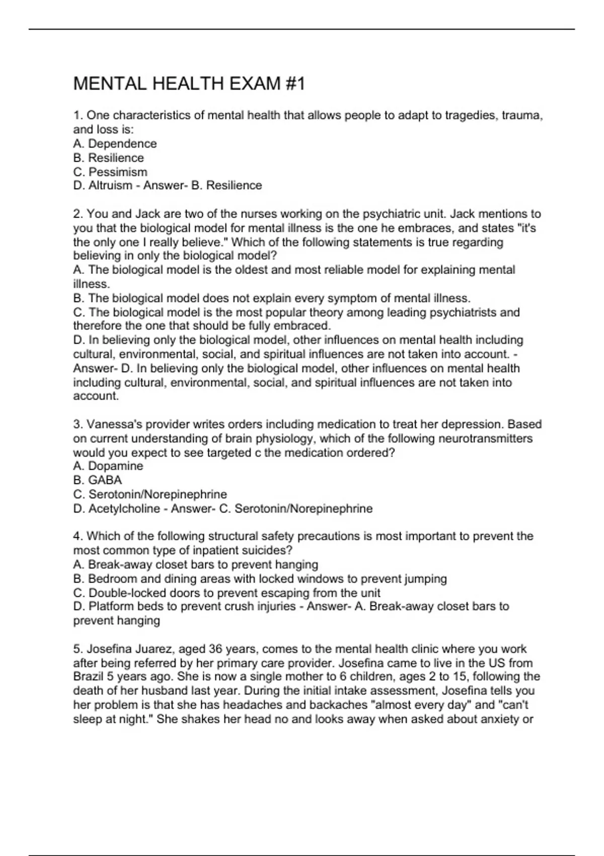 MENTAL HEALTH EXAM #1 - MENTAL HEALTH - Stuvia US