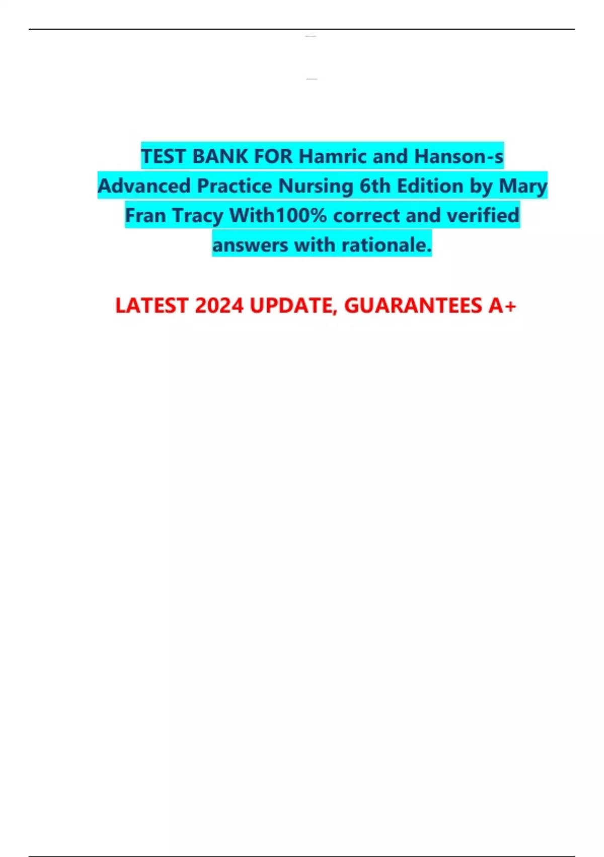 TEST BANK FOR Hamric and Hanson-s Advanced Practice Nursing 6th Edition ...