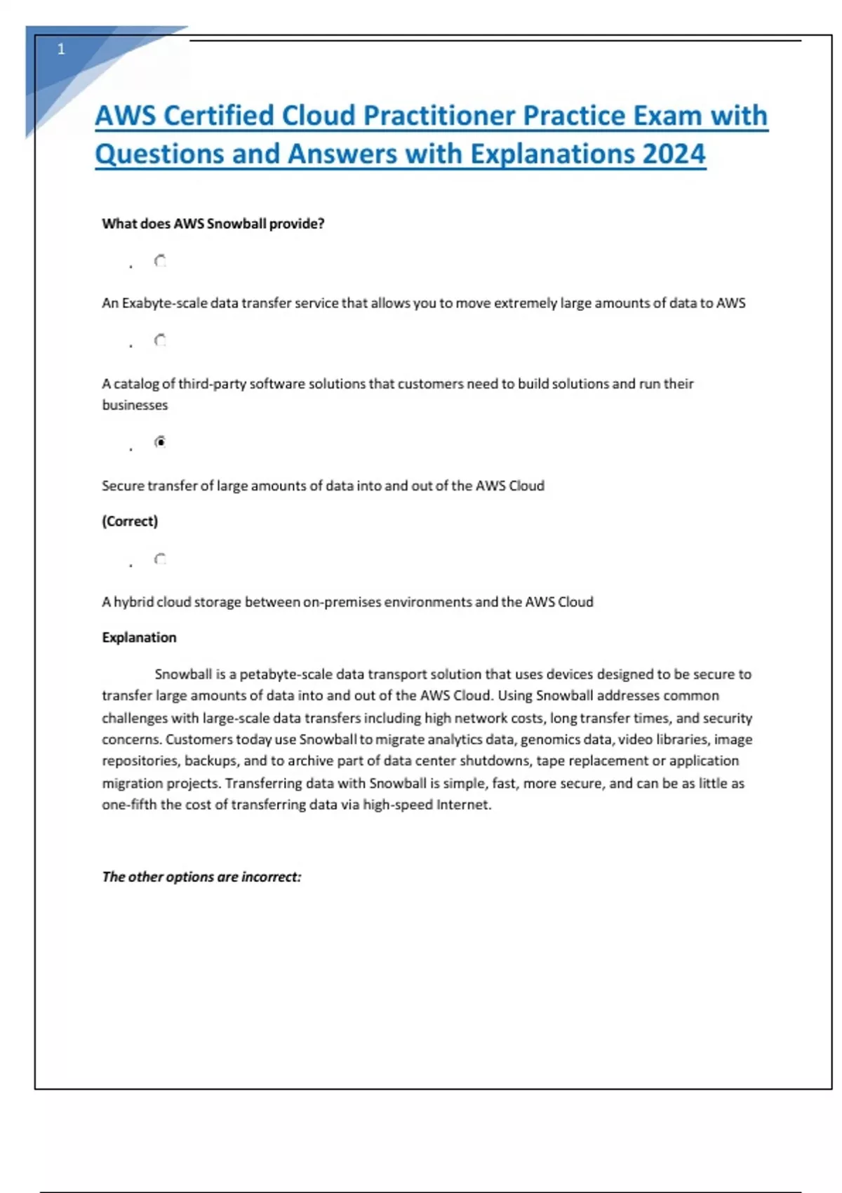 AWS Certified Cloud Practitioner Practice Exam with Questions and Answers with Explanations 2024 ...