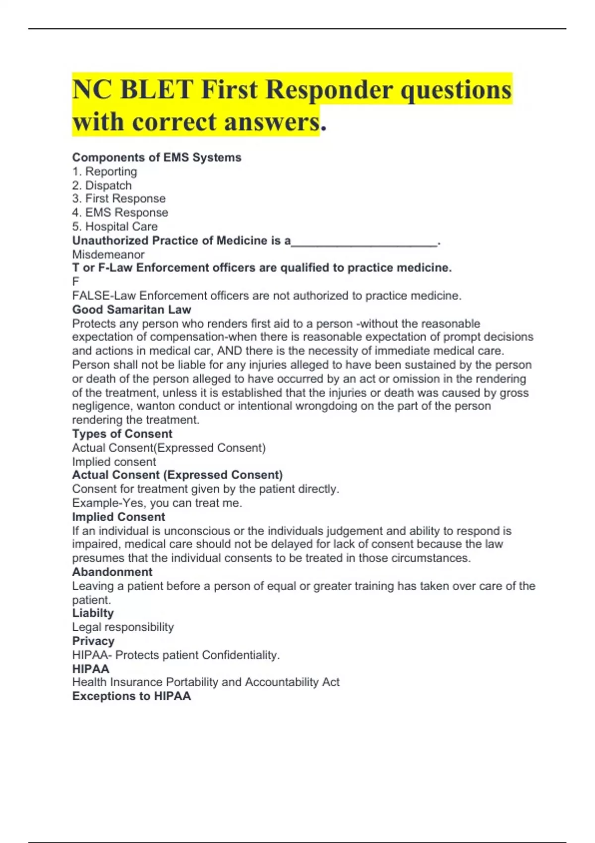 NC BLET First Responder questions with correct answers. - NC BLET ...