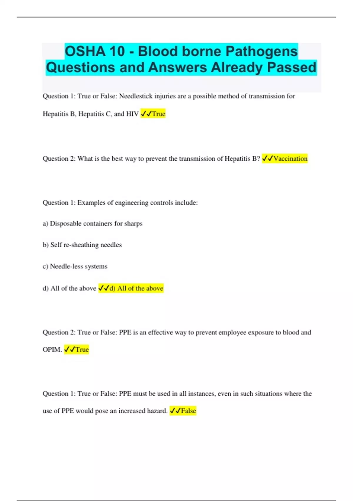 OSHA 10 - Blood borne Pathogens Questions and Answers Already Passed ...